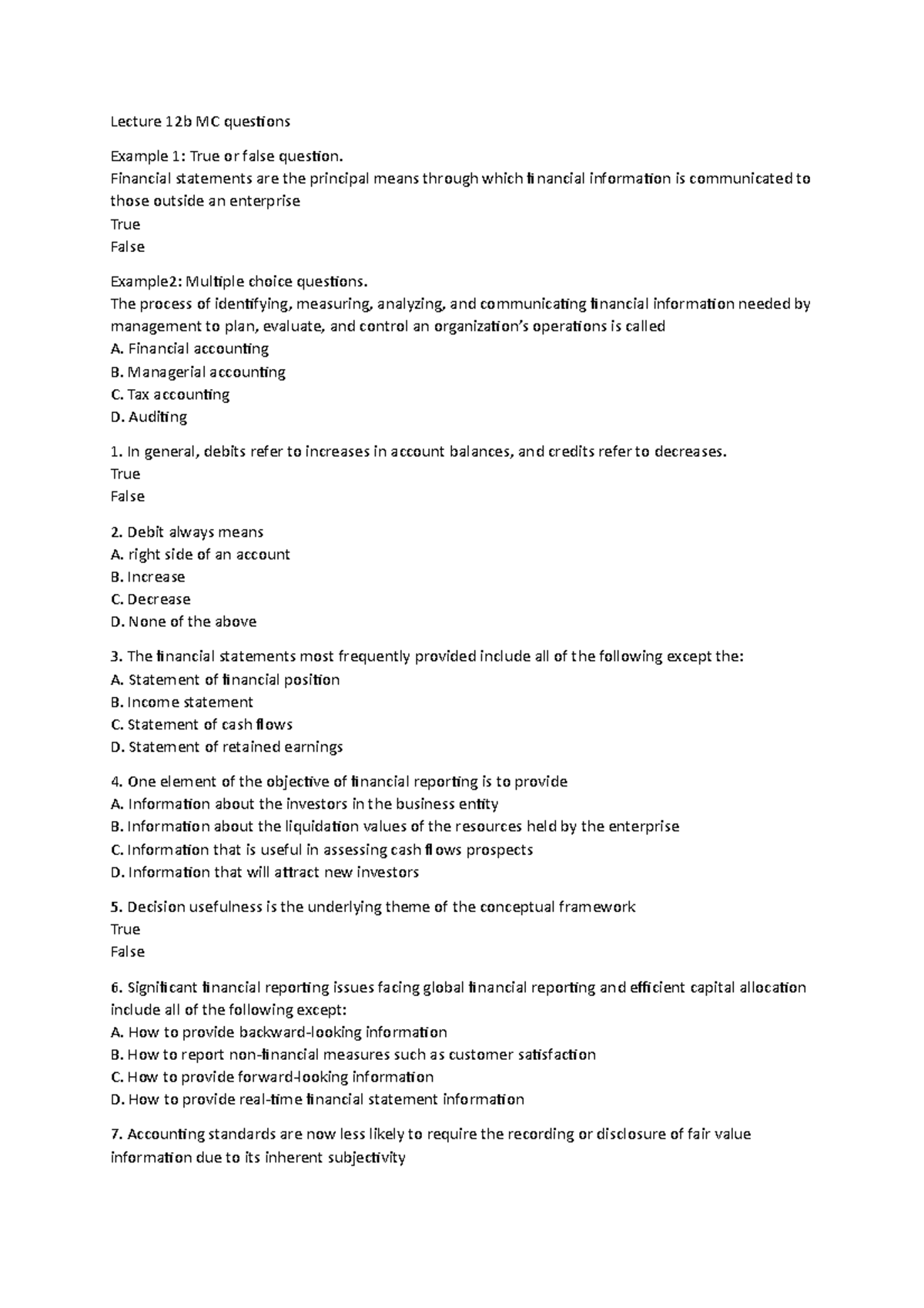 Lecture 12b MC questions - Lecture 12b MC questions Example 1: True or false question. Financial ...