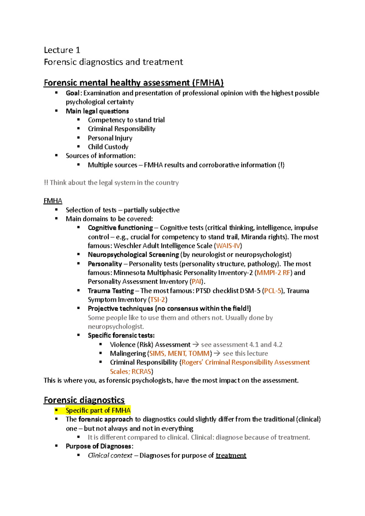 Lecture 1 - notes - Lecture 1 Forensic diagnostics and treatment ...