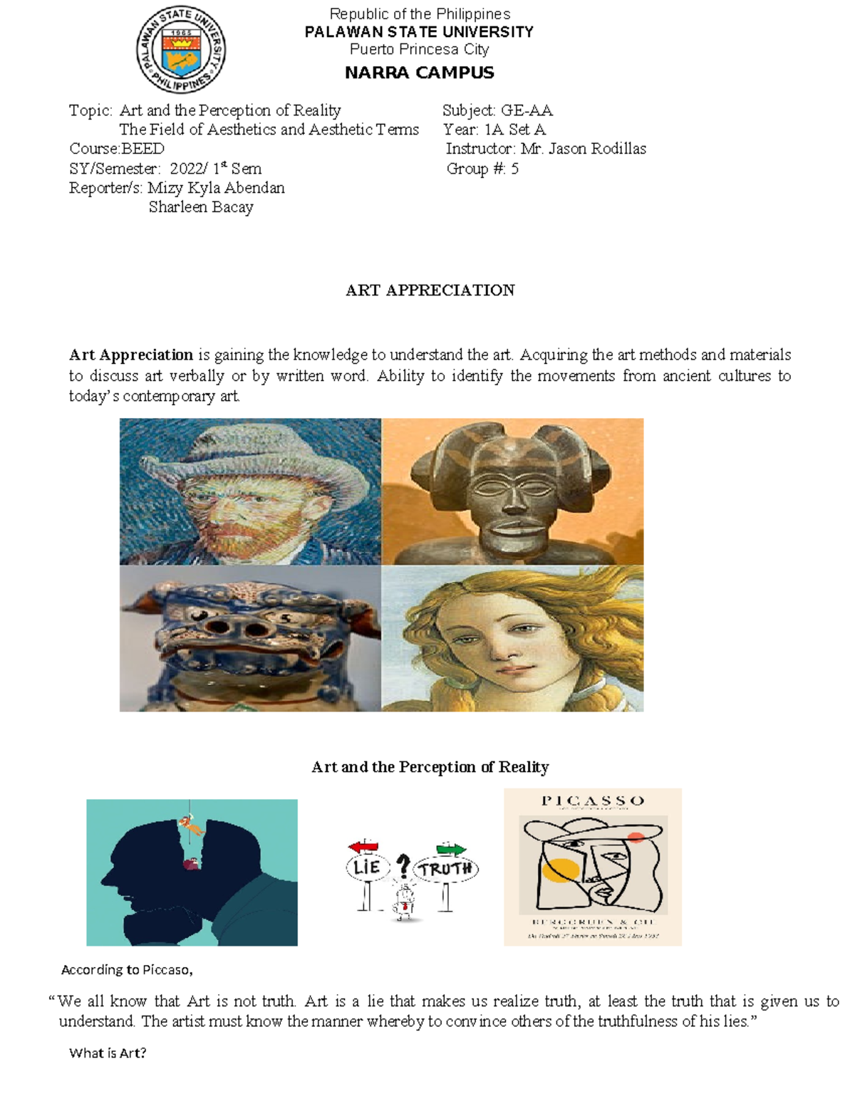 ART Appre Report - Topic: Art and the Perception of Reality Subject: GE ...