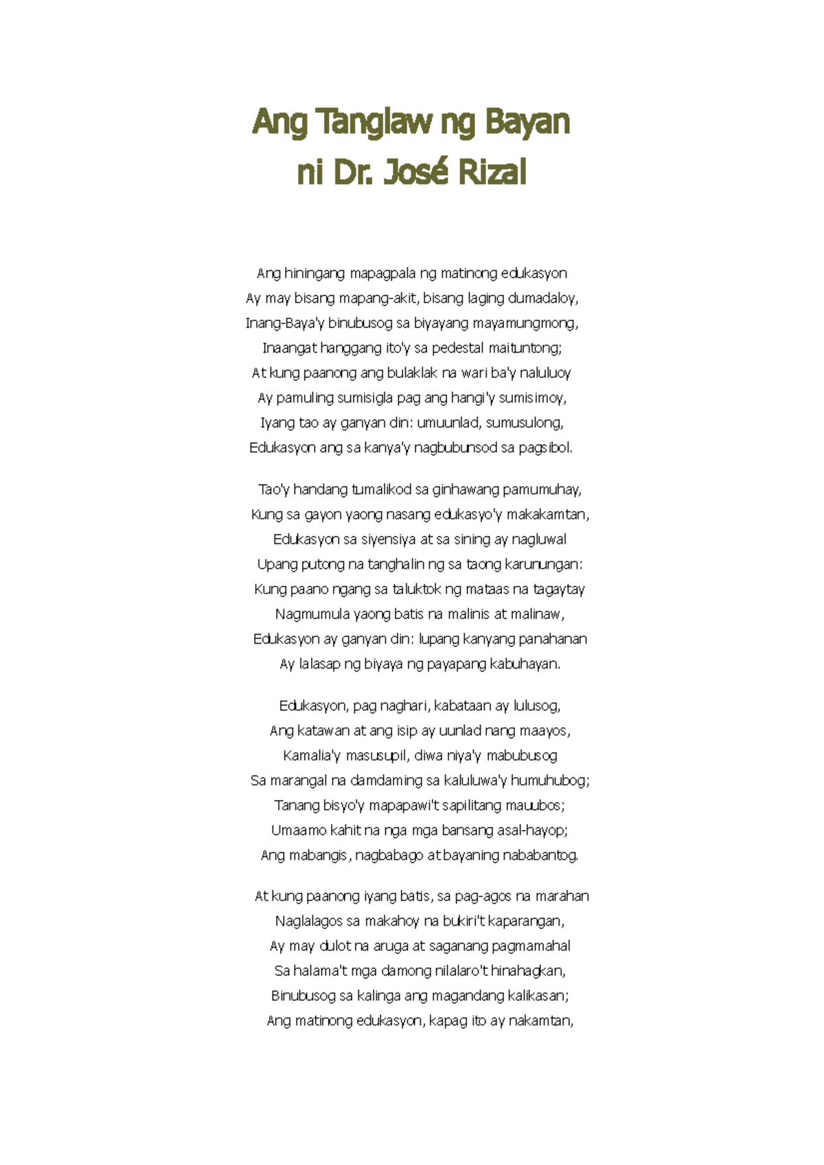 Document for practice material grade 12 - Ang Tanglaw ng Bayan ni Dr ...