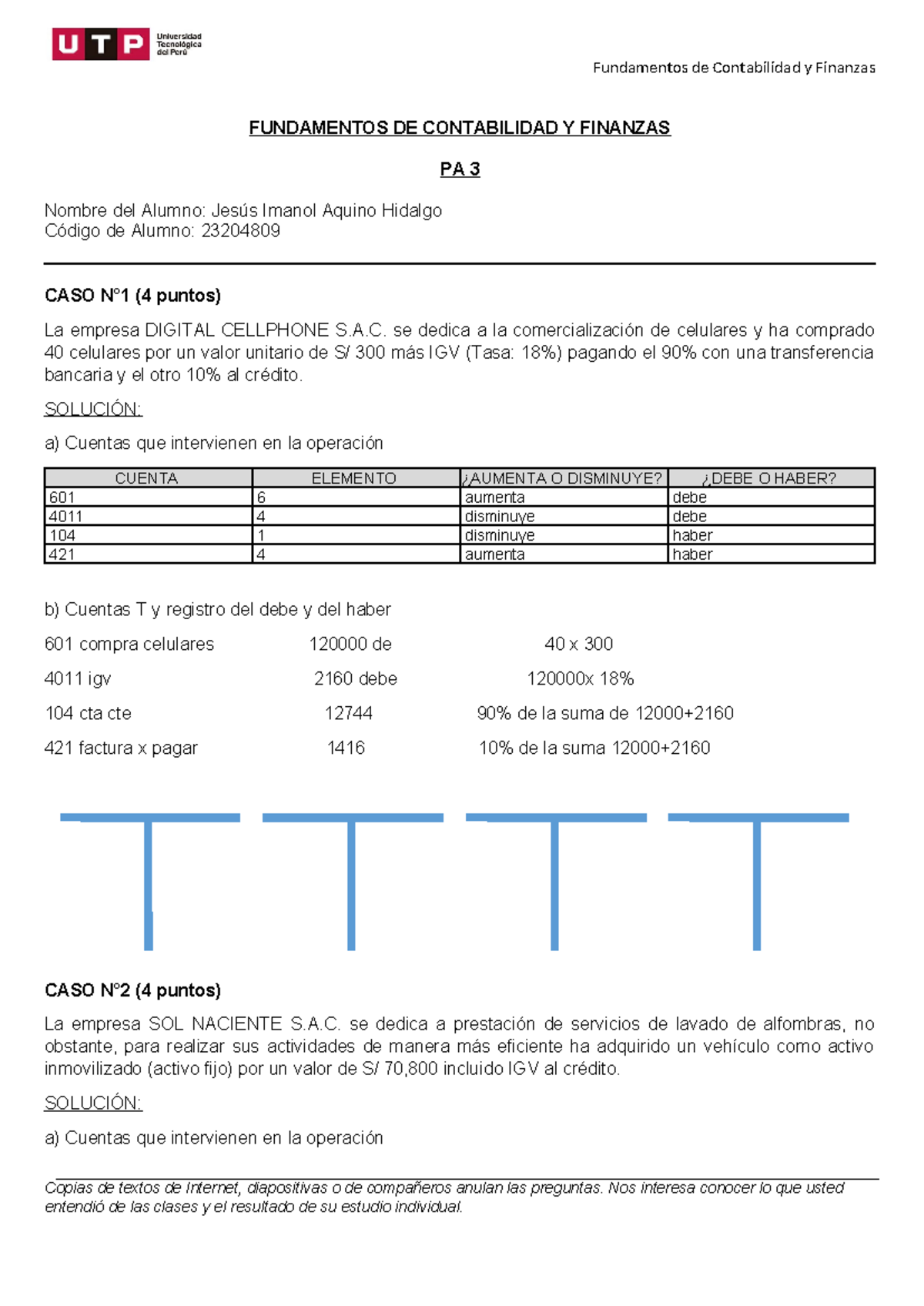 Jesús Aquino Hidalgo PA3 - FUNDAMENTOS DE CONTABILIDAD Y FINANZAS PA 3 Nombre del Alumno: Jesús ...