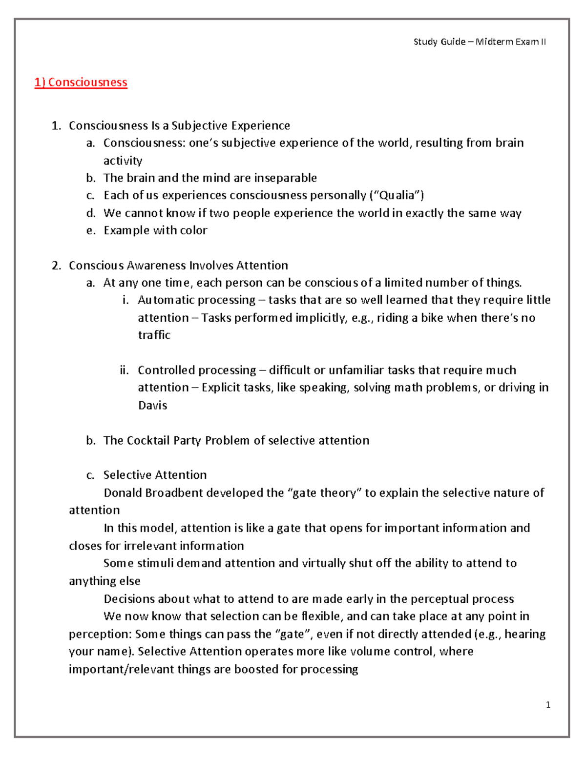 PSC1 WQ2023 Study Guide 2 - 1 ) Consciousness 1. Consciousness Is a ...