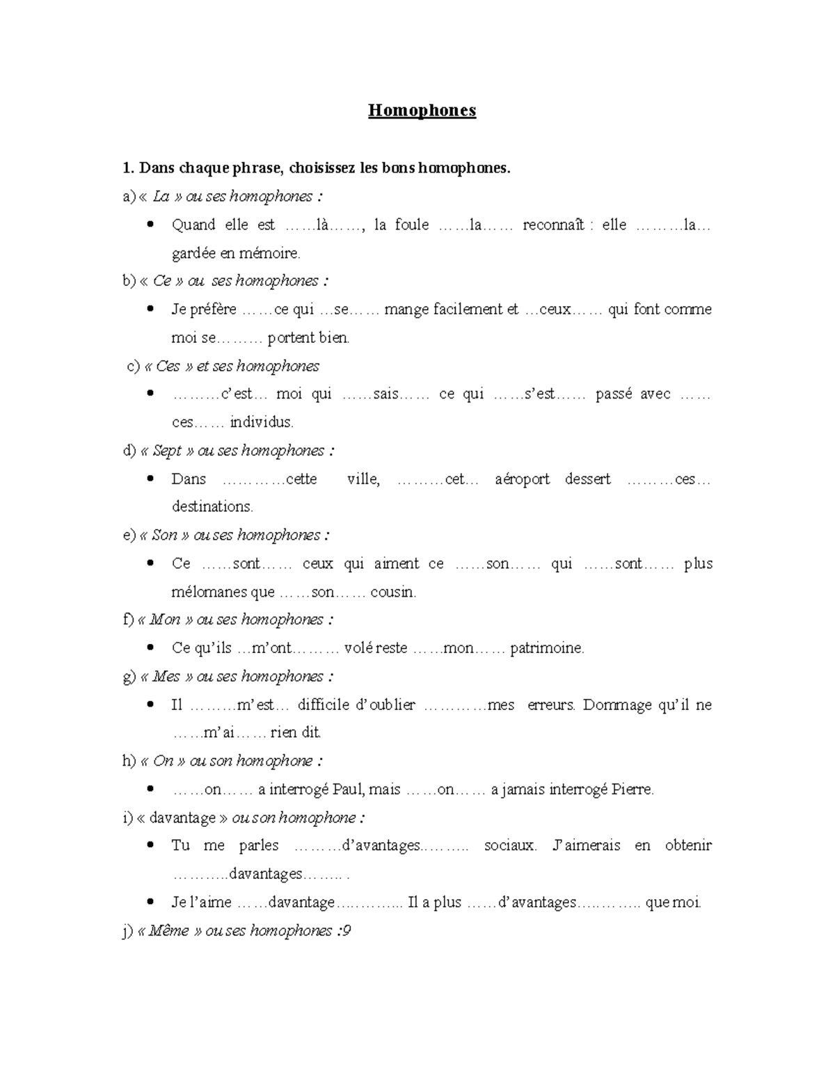 Homophones exercice - aide mémoire - Homophones Dans chaque phrase ...