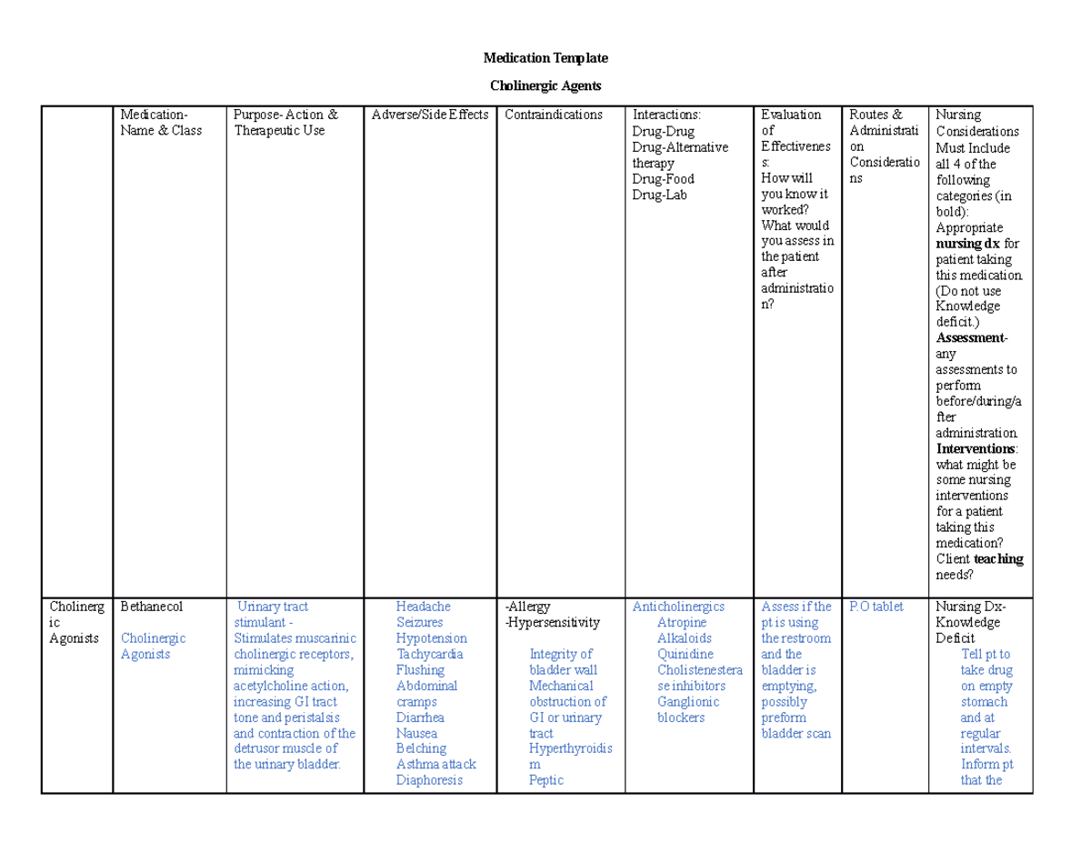 ANS-Cholinergic Agents - Medication Template Cholinergic Agents ...