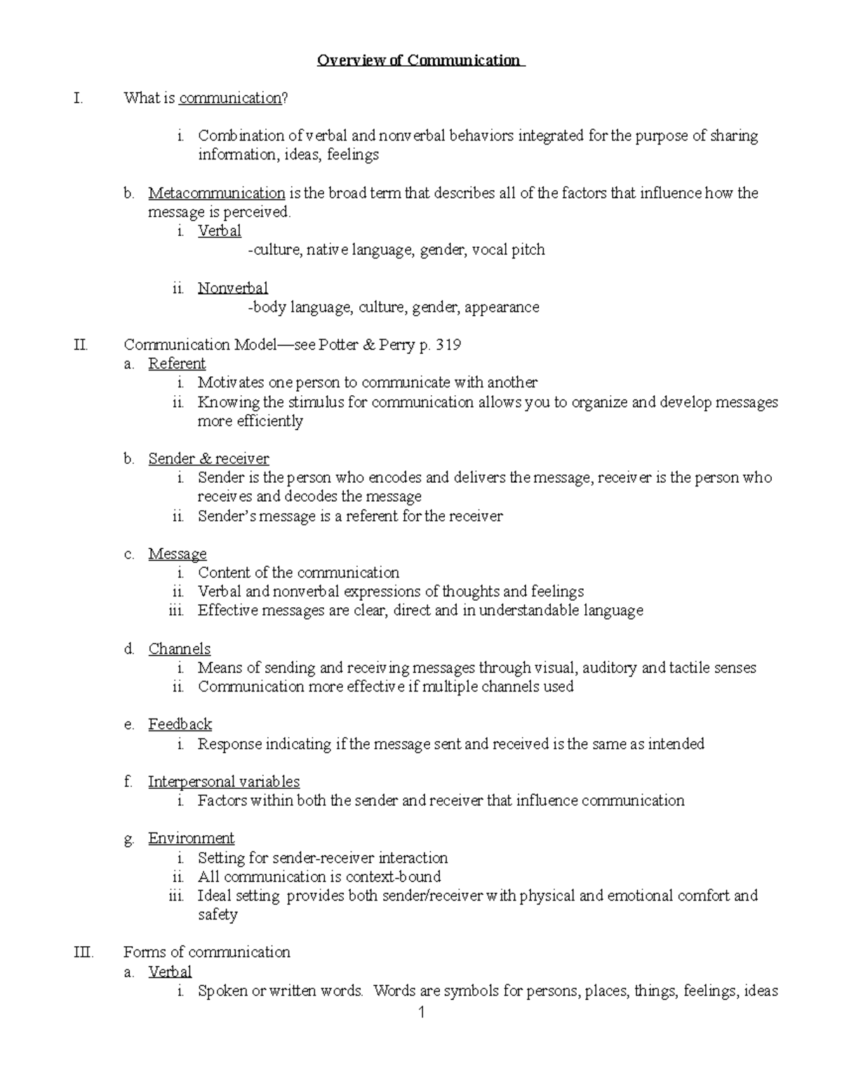 Overview of Communication handout - Overview of Communication I. What ...