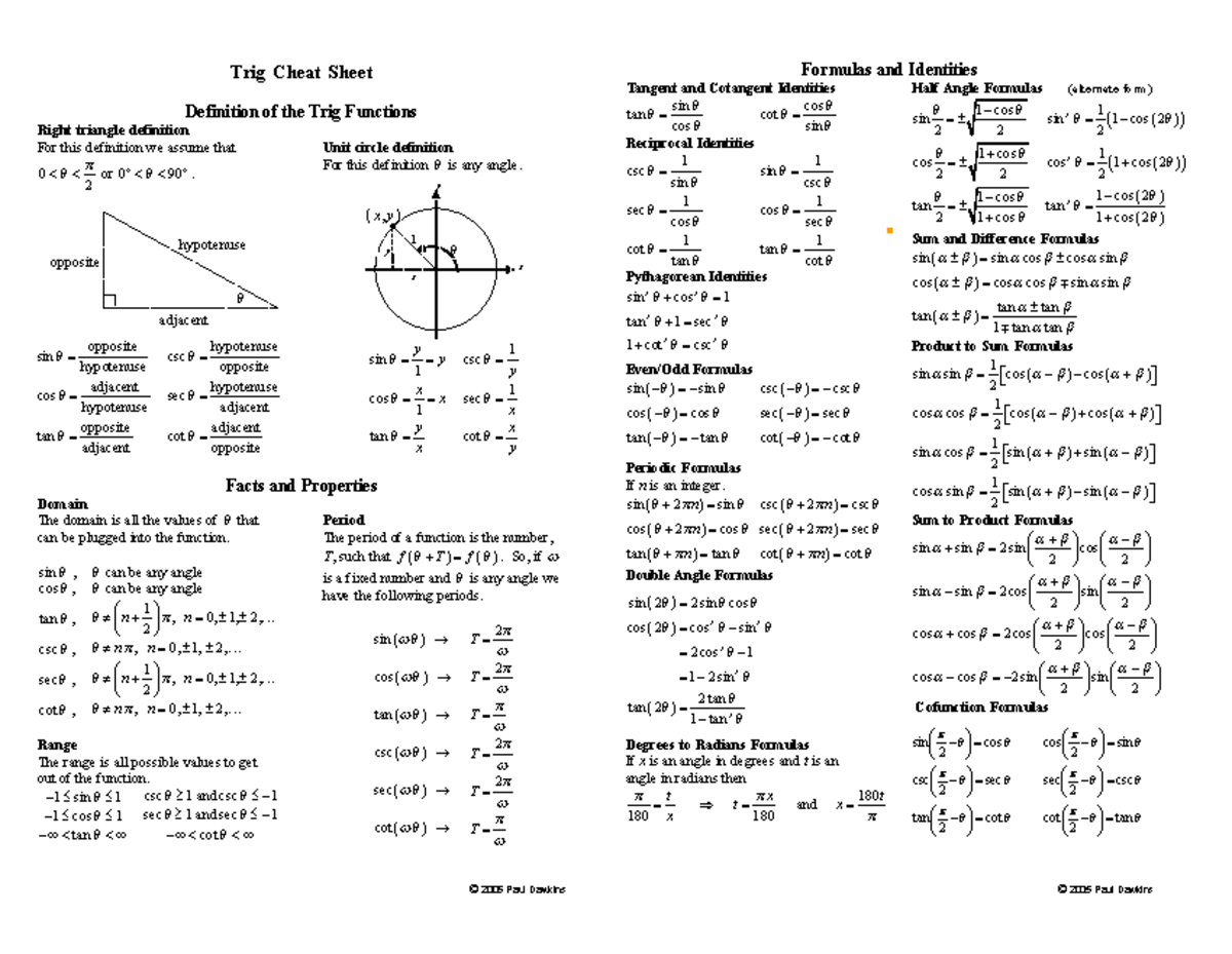 Trig cheat sheet reduced - © 2005 Paul Dawkins Trig Cheat Sheet ...