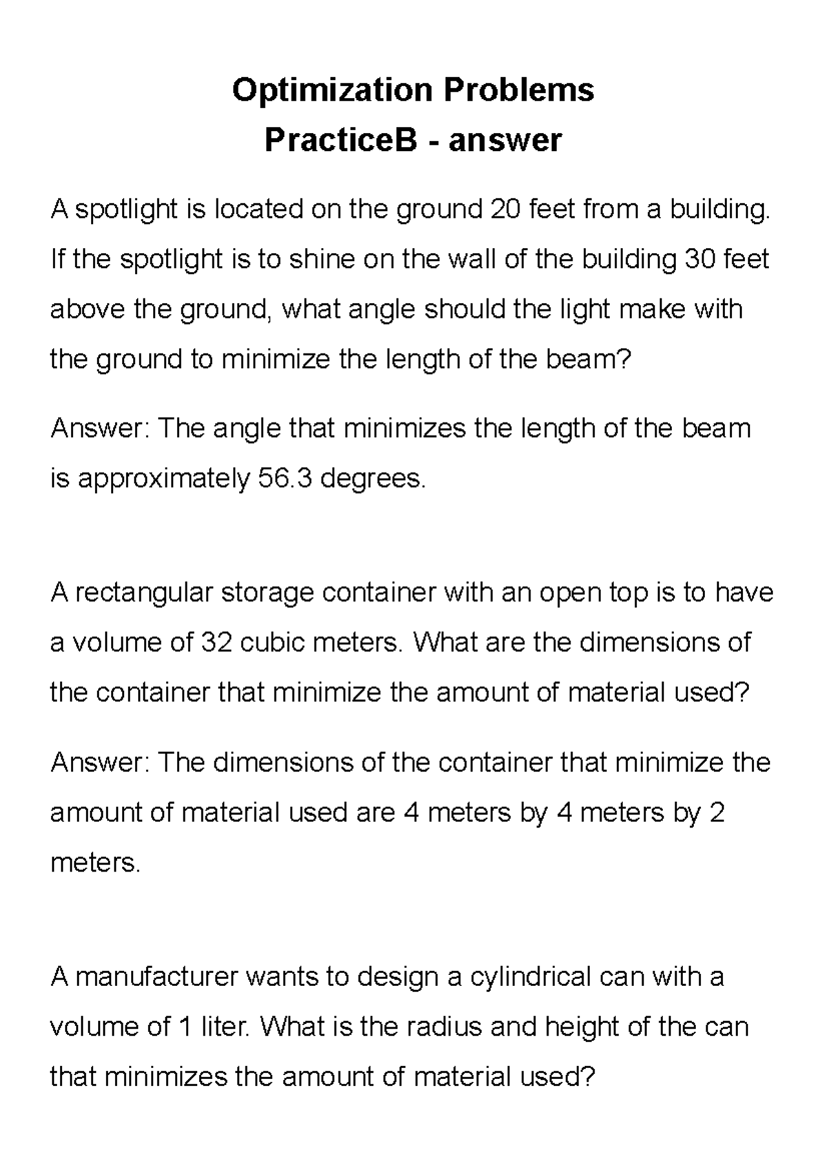 Optimization Problems Practice B - answer - Optimization Problems PracticeB - answer A spotlight ...