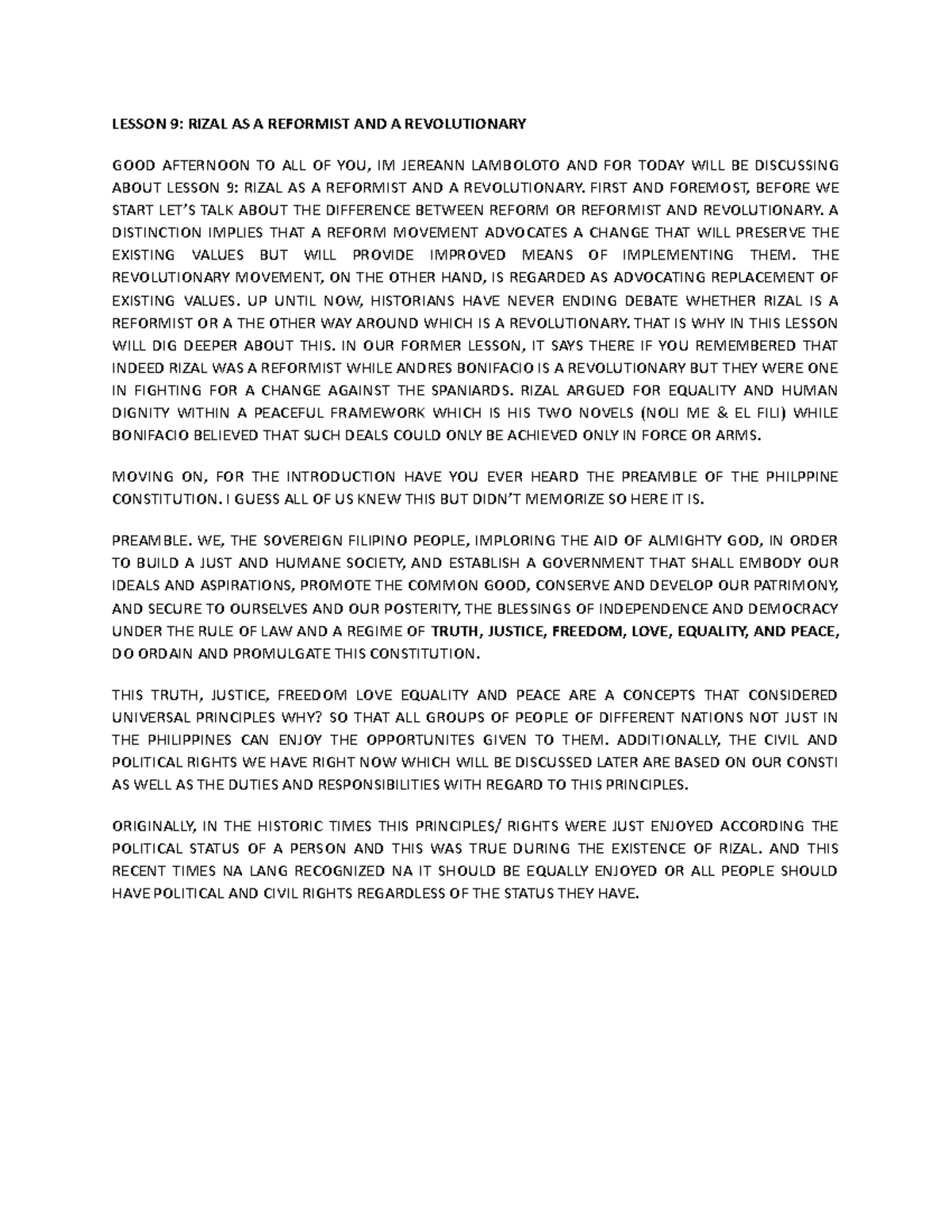 Script Reporting Rizal - LESSON 9: RIZAL AS A REFORMIST AND A ...