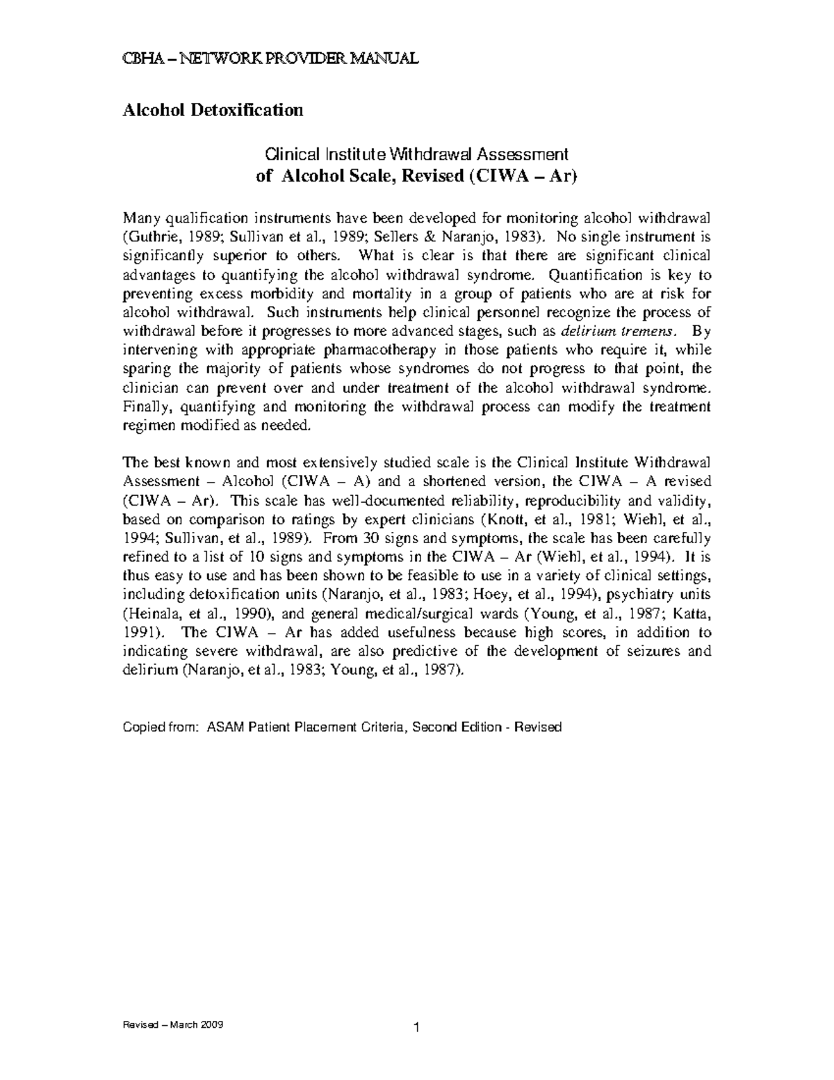 CIWA Guidelines - Alcohol Detoxification Clinical Institute Withdrawal ...