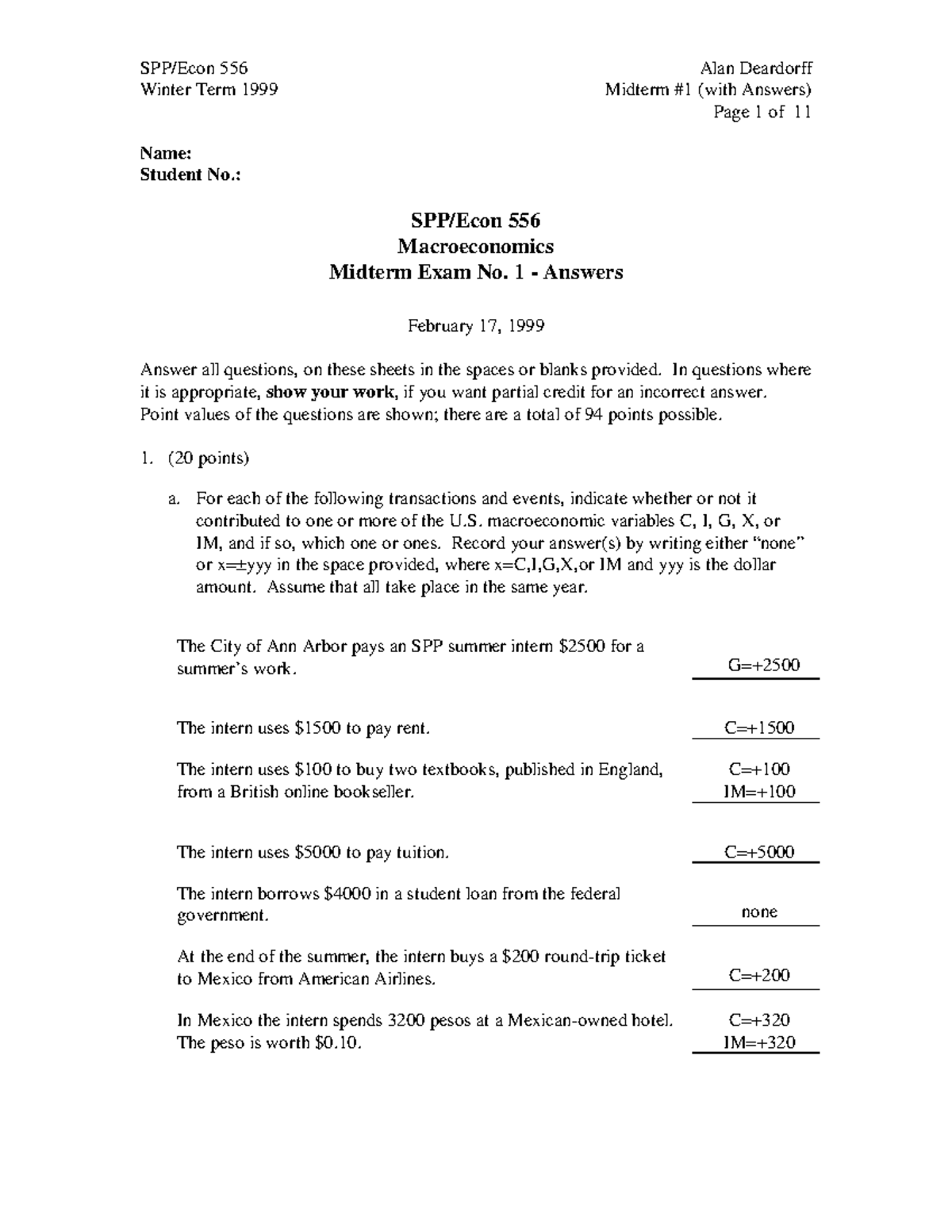 Mac 2 Answer Winter Term 1999 Midterm 1 with Answers Page 1 Of