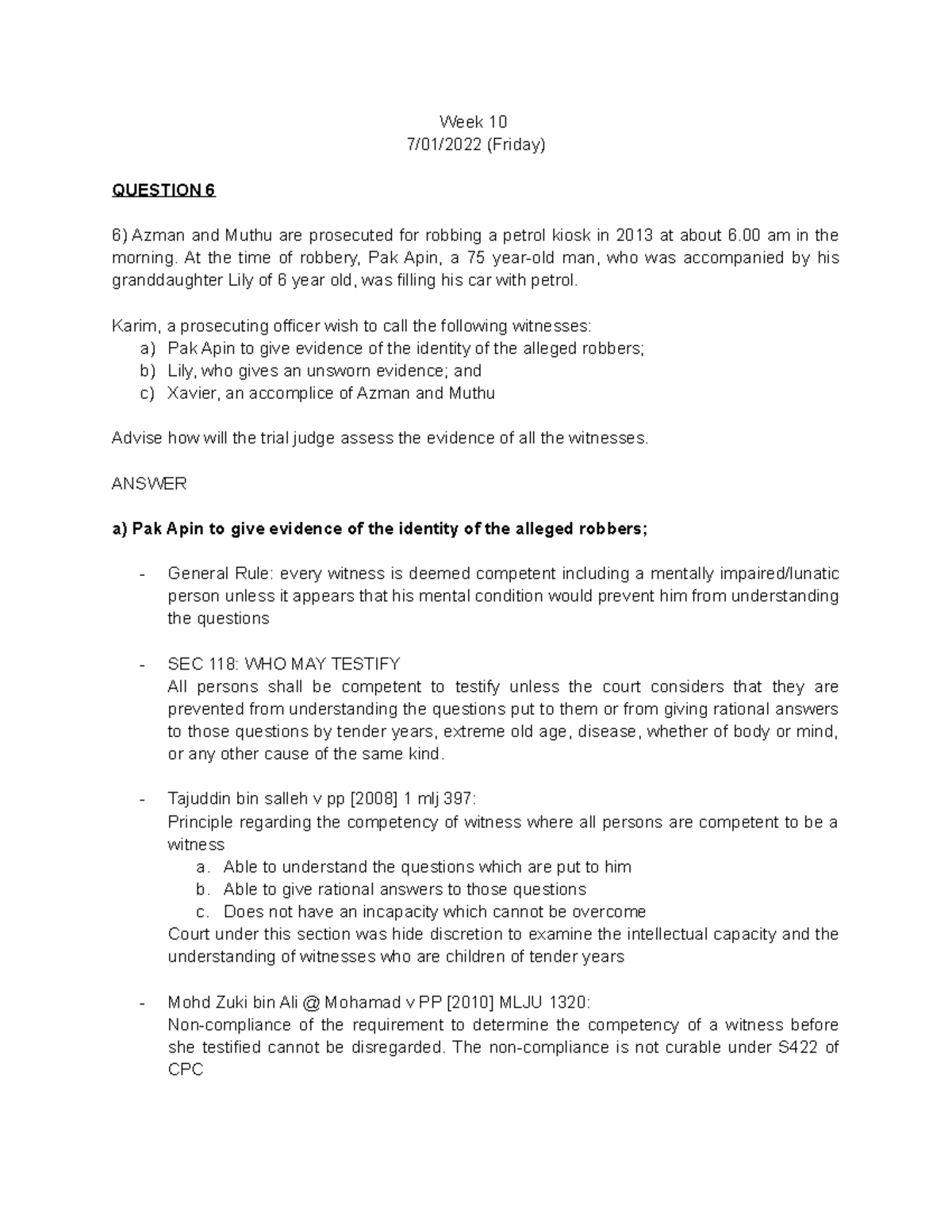 Evidence II (Tutorial 3, Q 6 & 8) exercise - Week 10 7/01/2022 (Friday ...