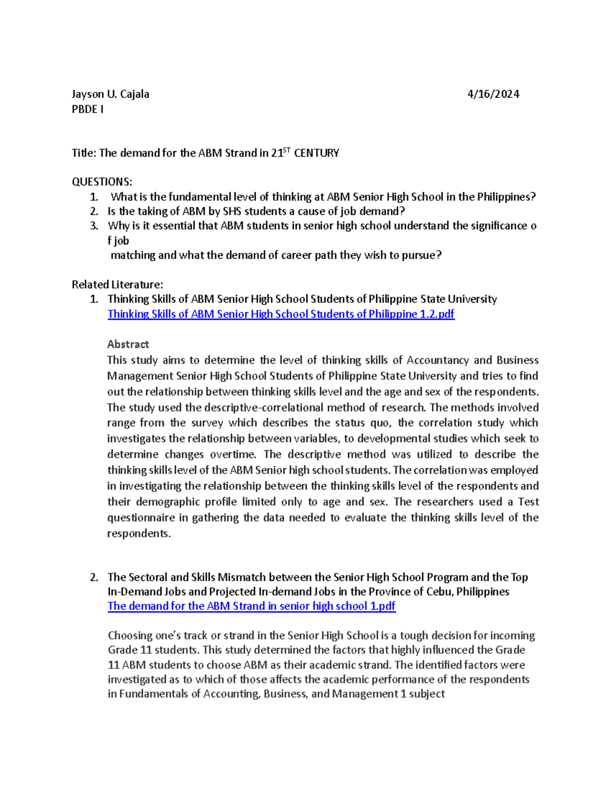 RESEARCH 3 topics and questions - Jayson U. Cajala 4/16/ PBDE I Title ...
