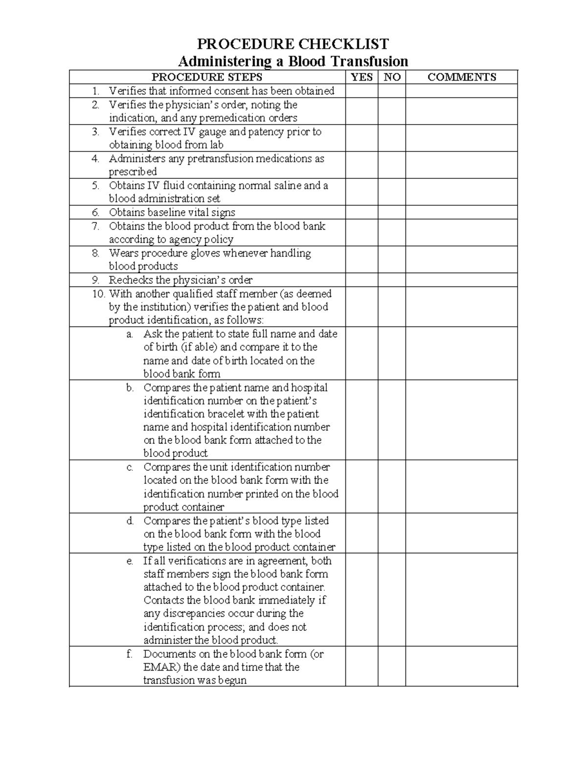 Blood administration procedure checklist[ 101] - PROCEDURE CHECKLIST ...