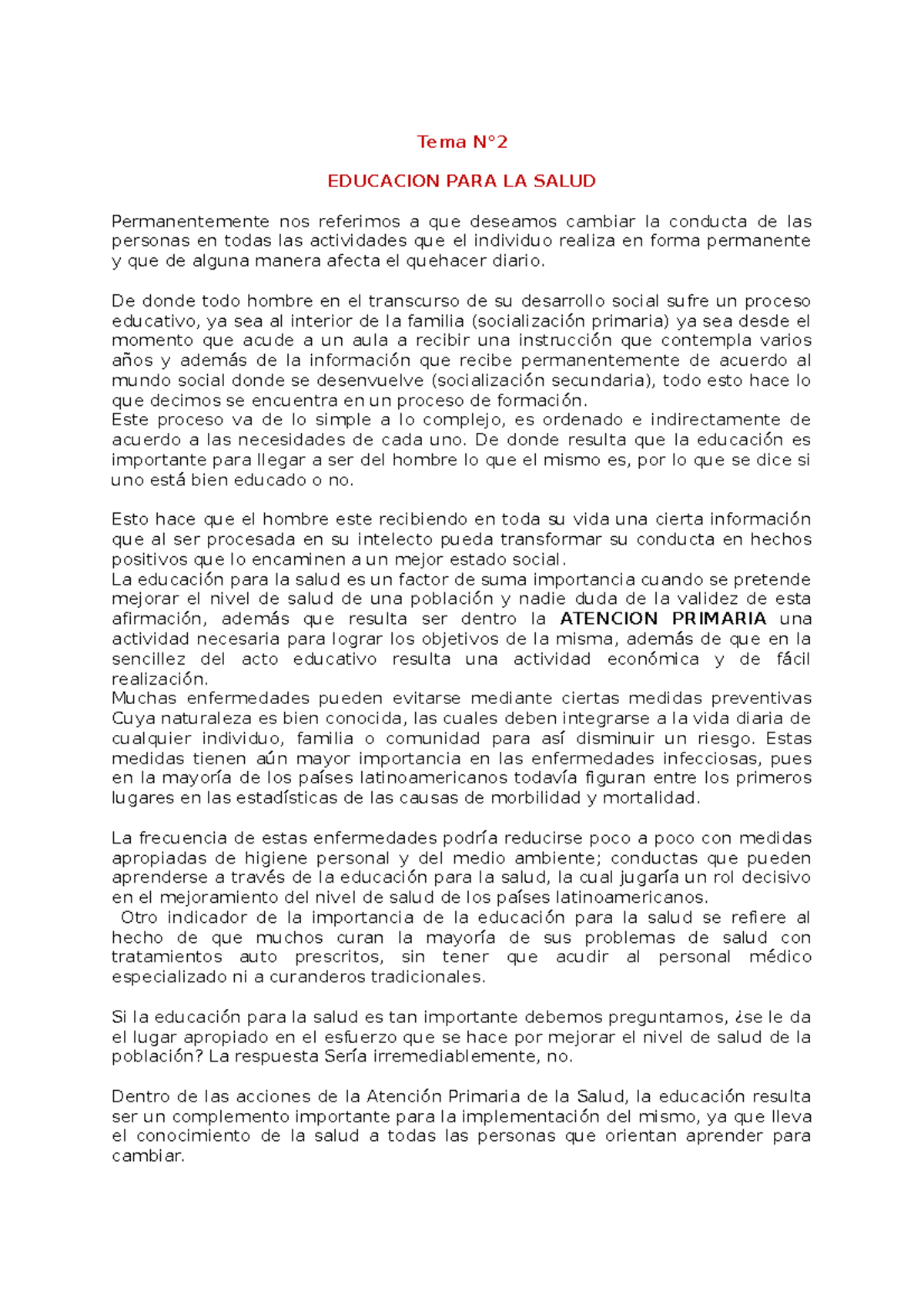 Tema 2 y 3 APS - tema de clase 2 y 3 - Tema N° EDUCACION PARA LA SALUD ...