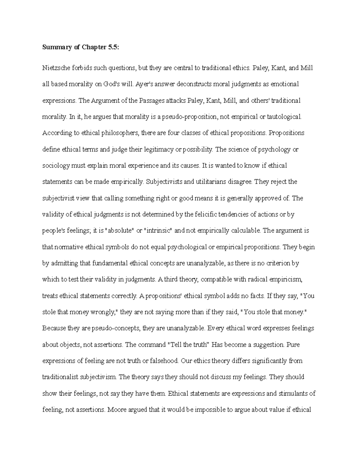 Summary of Chapter 5 - Paley, Kant, and Mill all based morality on God ...