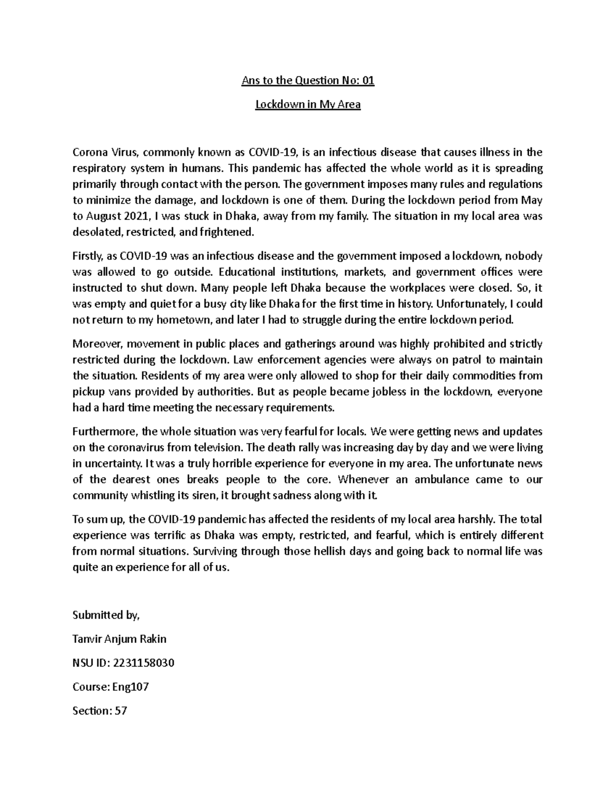 T9 Essay Writing - Lockdown in My Area - Ans to the Question No: 01 ...