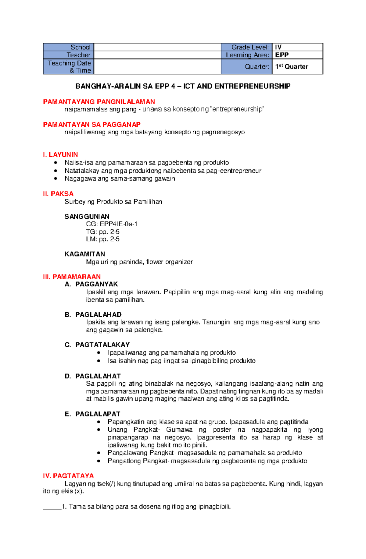 DLP-EPP4 ICT-Week1-Day1 - School Grade Level: IV Teacher Learning Area ...