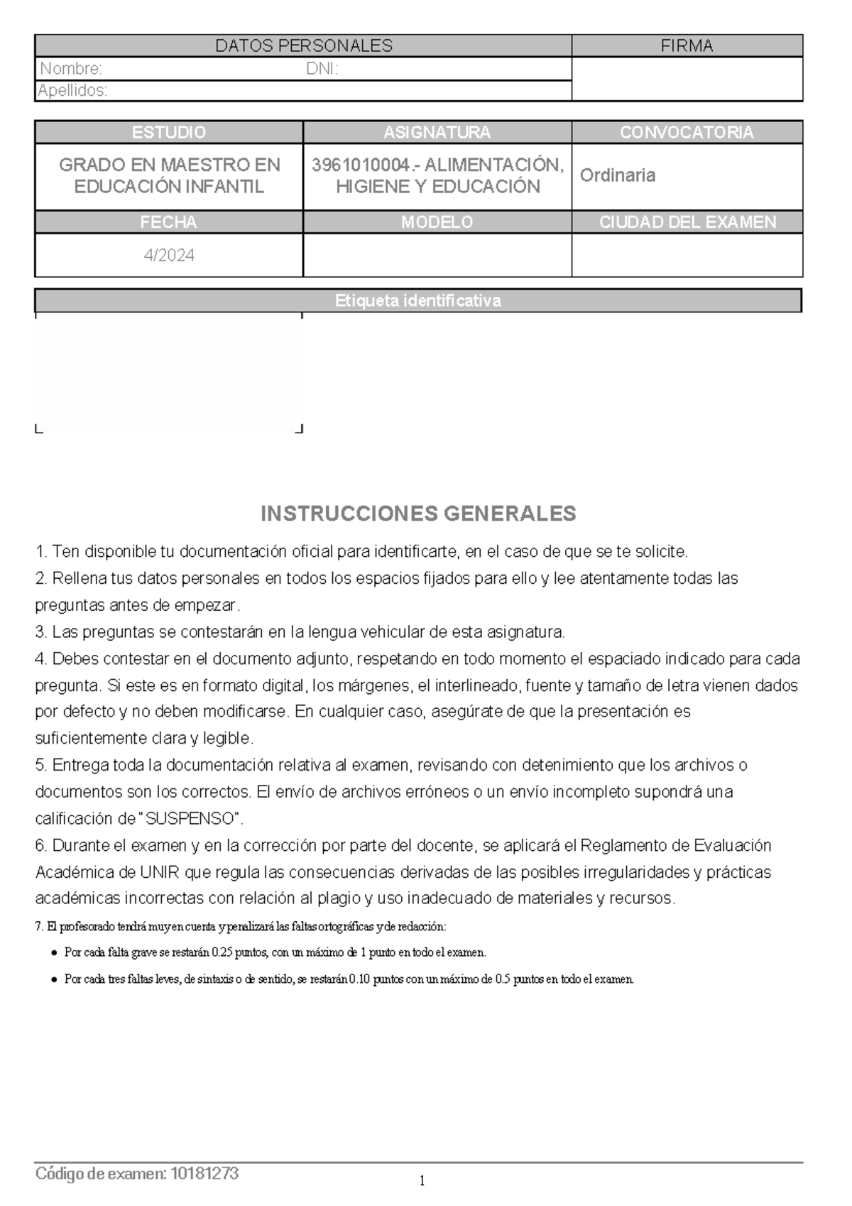 Modelo de Examen - ESTUDIO ASIGNATURA CONVOCATORIA GRADO EN MAESTRO EN ...