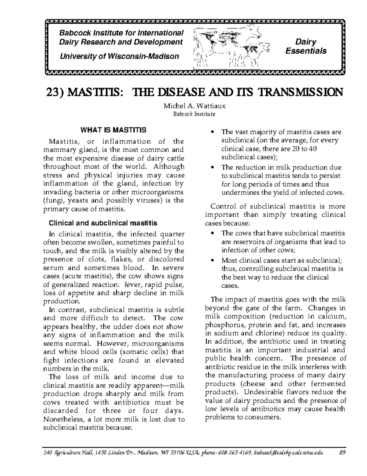 Mastitis THE Disease AND ITS Transmission - Babcock Institute for ...