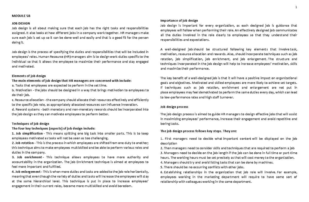 TQM- Module-5B - Lecture Notes - MODULE 5B JOB DESIGN Job design is all ...