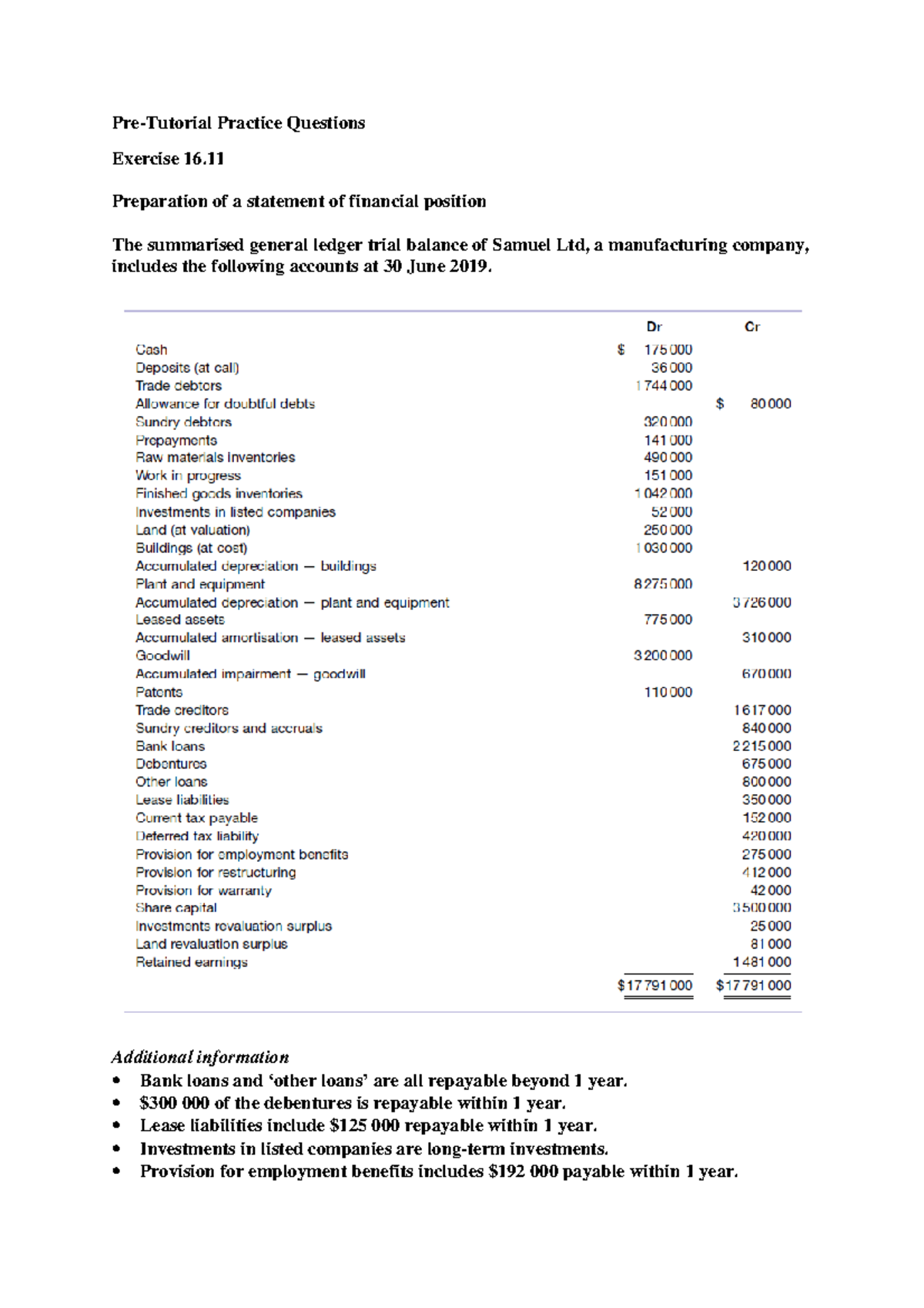 Pre-Tutorial Practice Questions Topic 1 - Practice Questions Exercise 16 Preparation of a ...