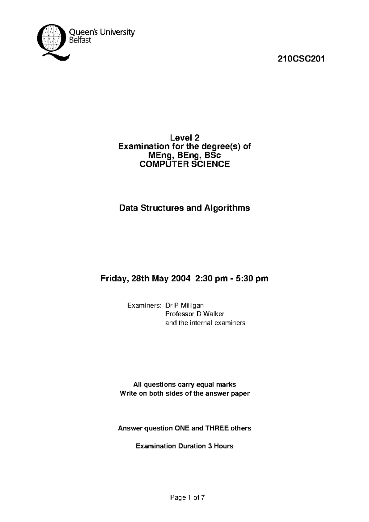 CSC201 0304ES2 1 235 - Past paper - 210CSC Level 2 Examination for the ...