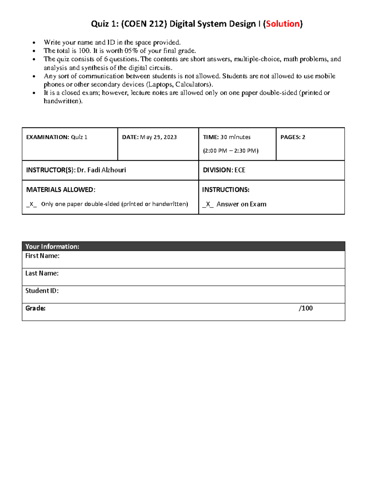 Quiz 1 Solution - Quiz 1: (COEN 212) Digital System Design I (Solution) Write your name and ID ...