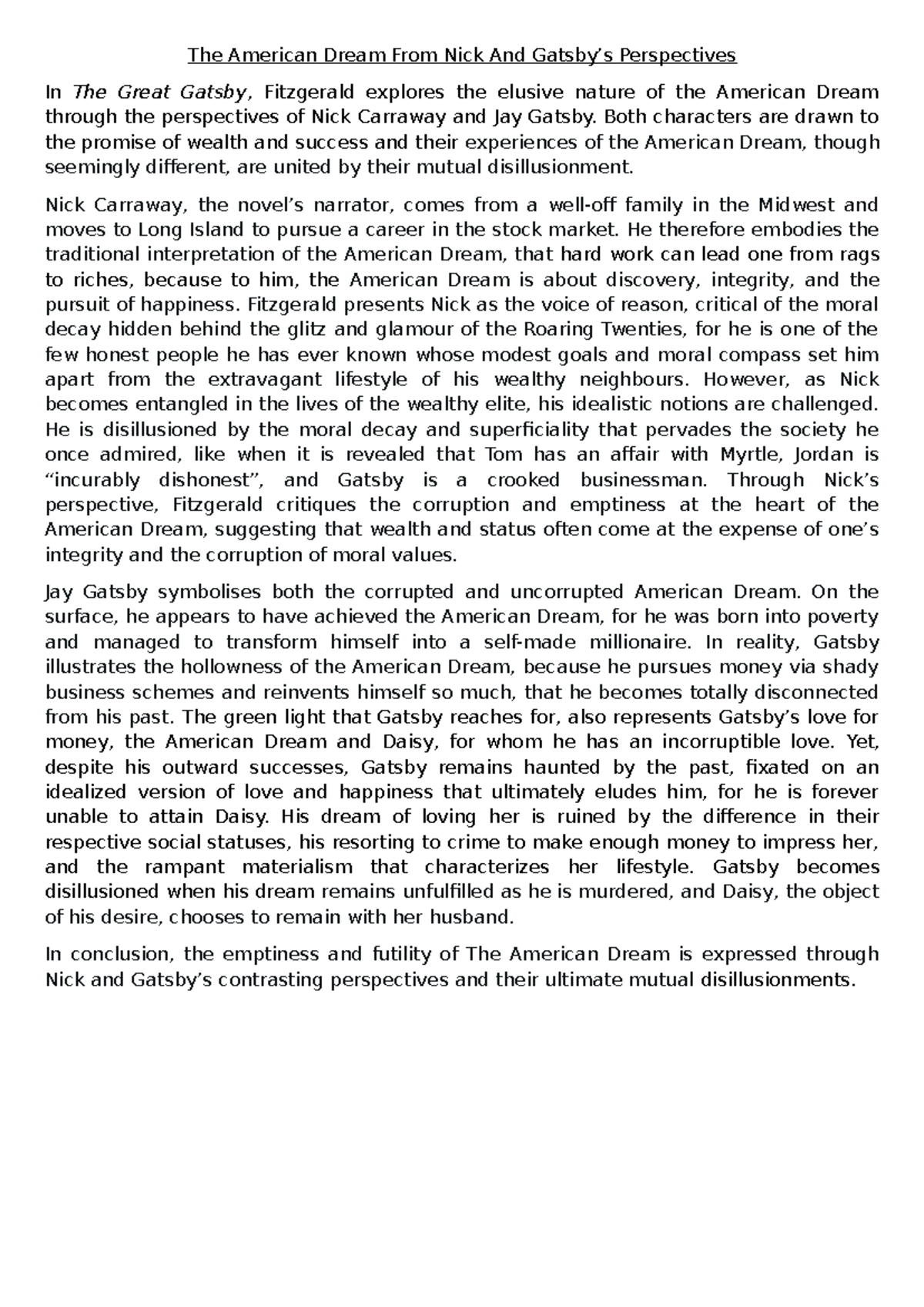 The Great Gatsby - Essays - The American Dream From Nick And Gatsby’s ...
