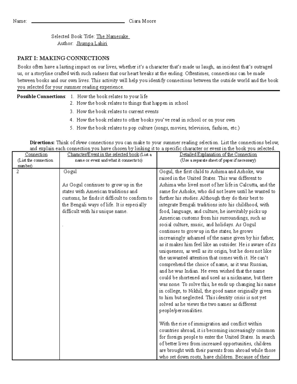 Summer Assignment 2021 - Name: Ciara Moore Selected Book Title: The ...