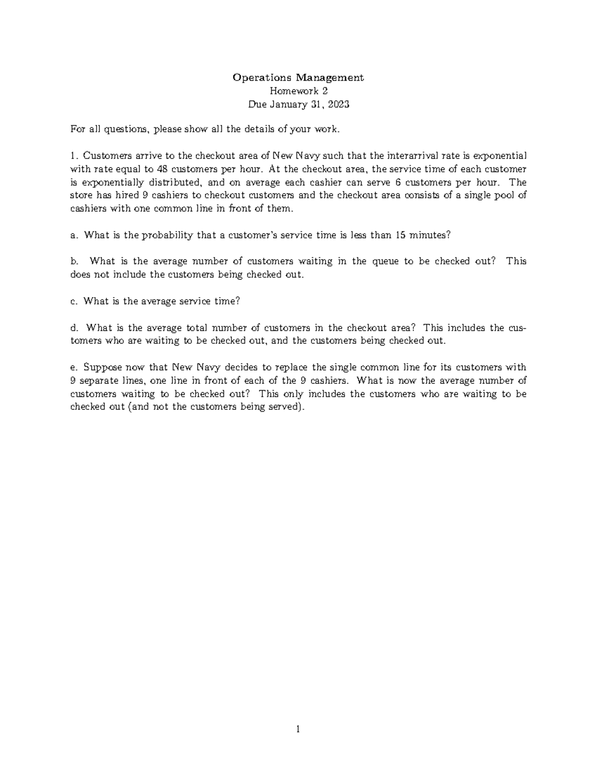 Hw2 Hw2 Operations Management Due January 31 2023 Homework 2 For All Questions Please Show