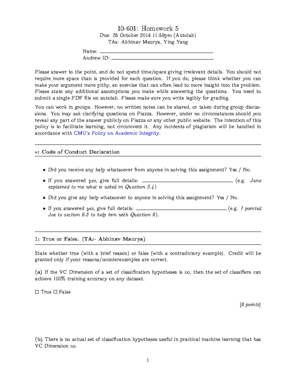 Machine Learning Homework 5 - 10 601 - CMU - StuDocu