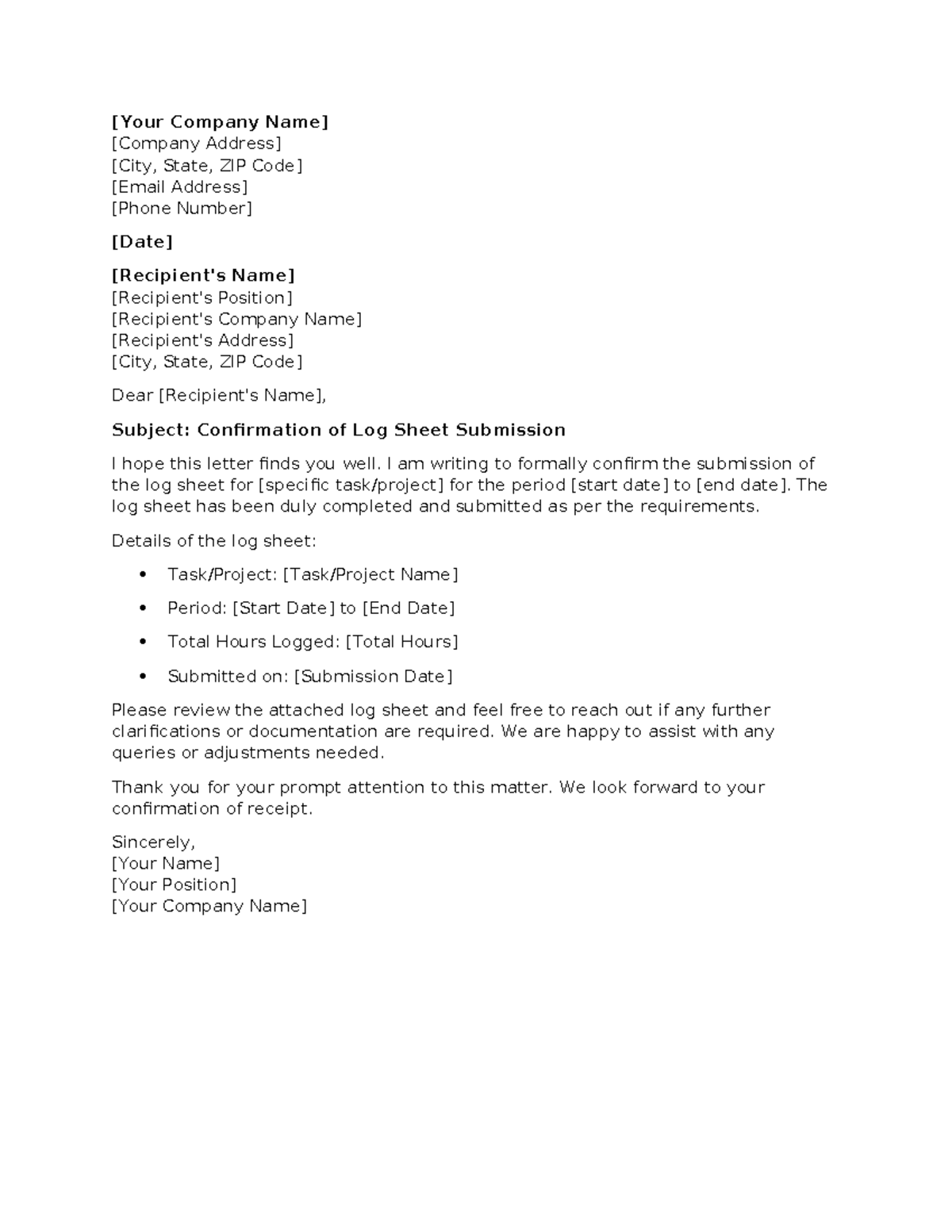 Log sheet confirmation letter - [Your Company Name] [Company Address ...