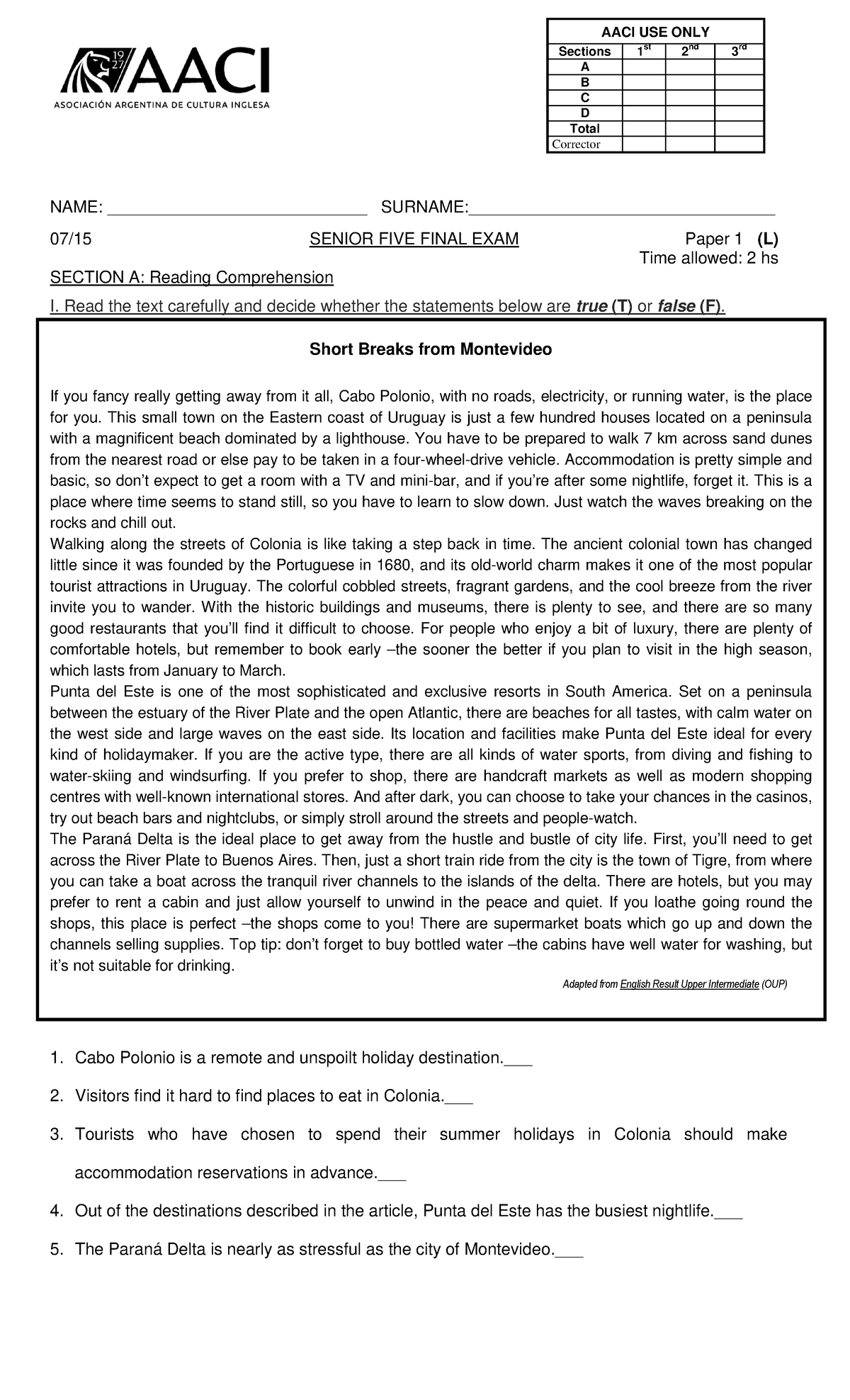 Senior 5 Final Exam July 2015 P1 - NAME ...