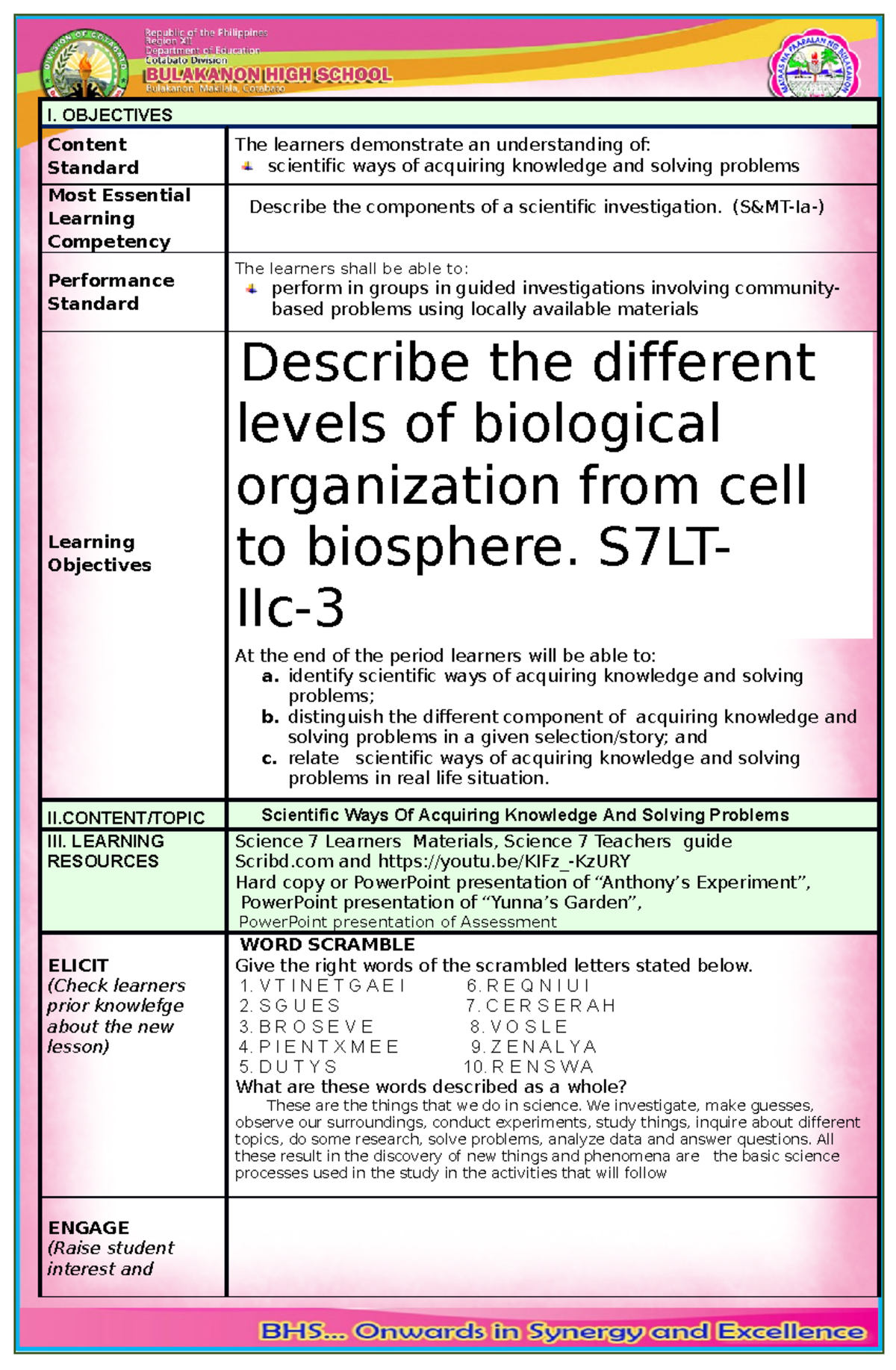 DAY 1 - science 7 dlp - I. OBJECTIVES Content Standard The learners ...