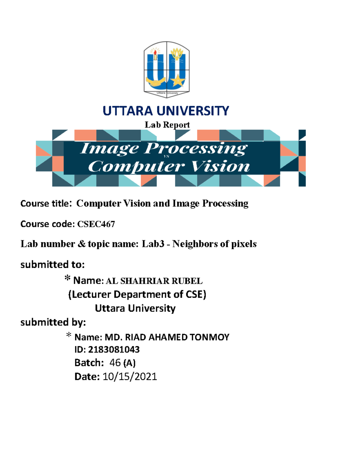 Lab3 - Neighbors of pixels computer visson and image processing ...