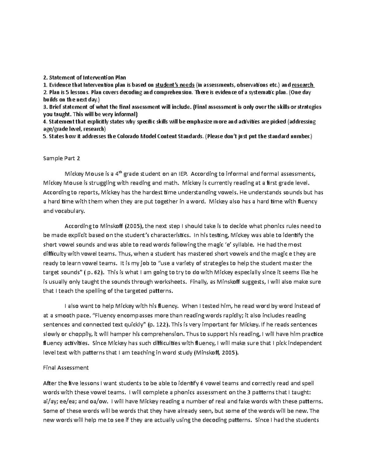 Sample Part 2 - Statement of Intervention Plan Evidence that ...