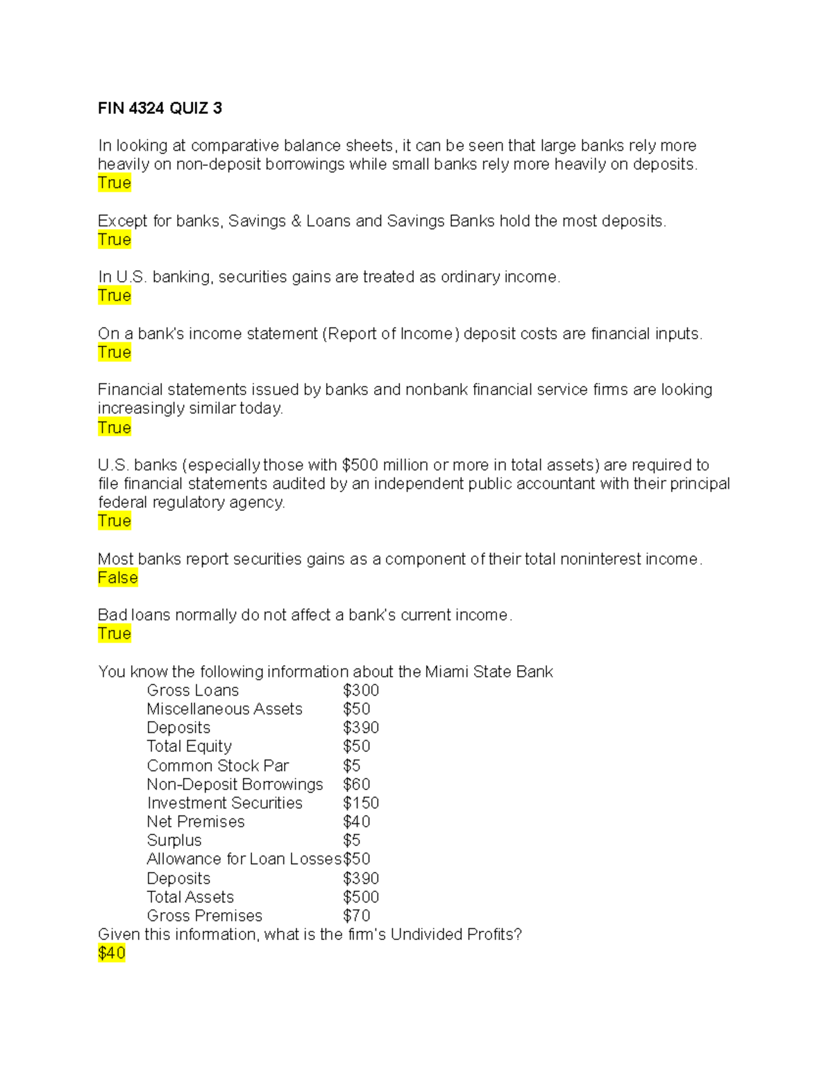 FIN 4324 QUIZ 3 Answers - FIN 4324 QUIZ 3 In looking at comparative ...