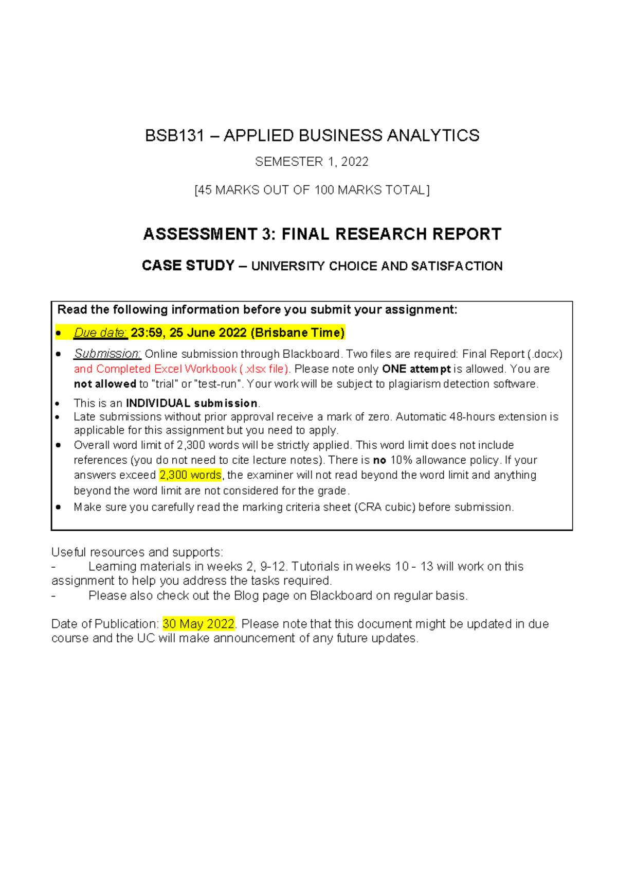 BSB131 S122 A3 Description Document - BSB131 – APPLIED BUSINESS ANALYTICS SEMESTER 1, 2022 [45 ...