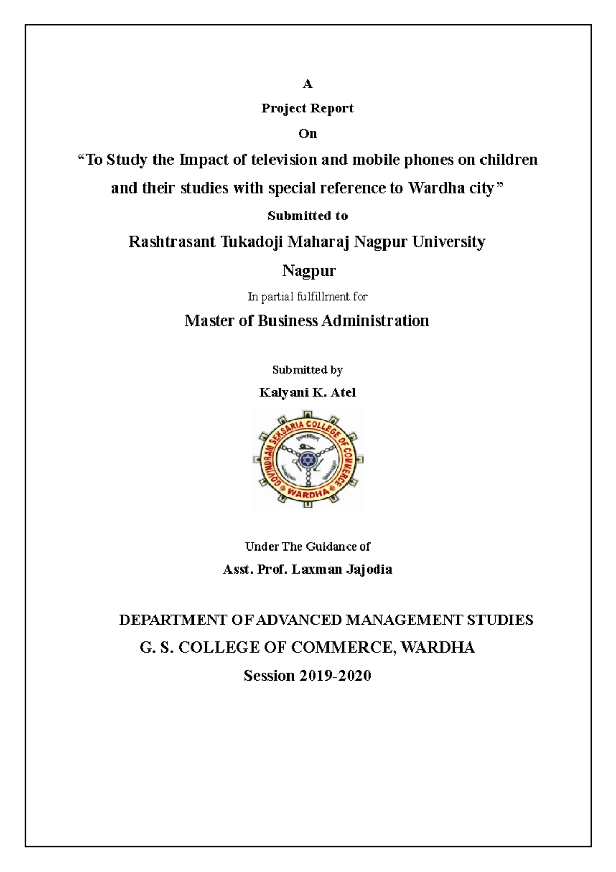 1) Sample - Front pages of final project - A Project Report On “To ...