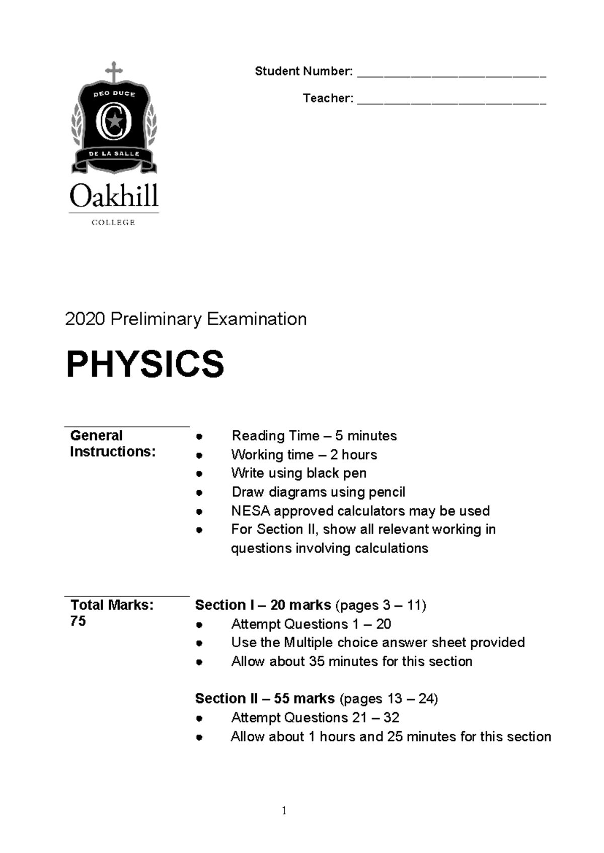2020 Preliminary Physics Task 3 Exam - Student Number: ____________________________ Teacher ...