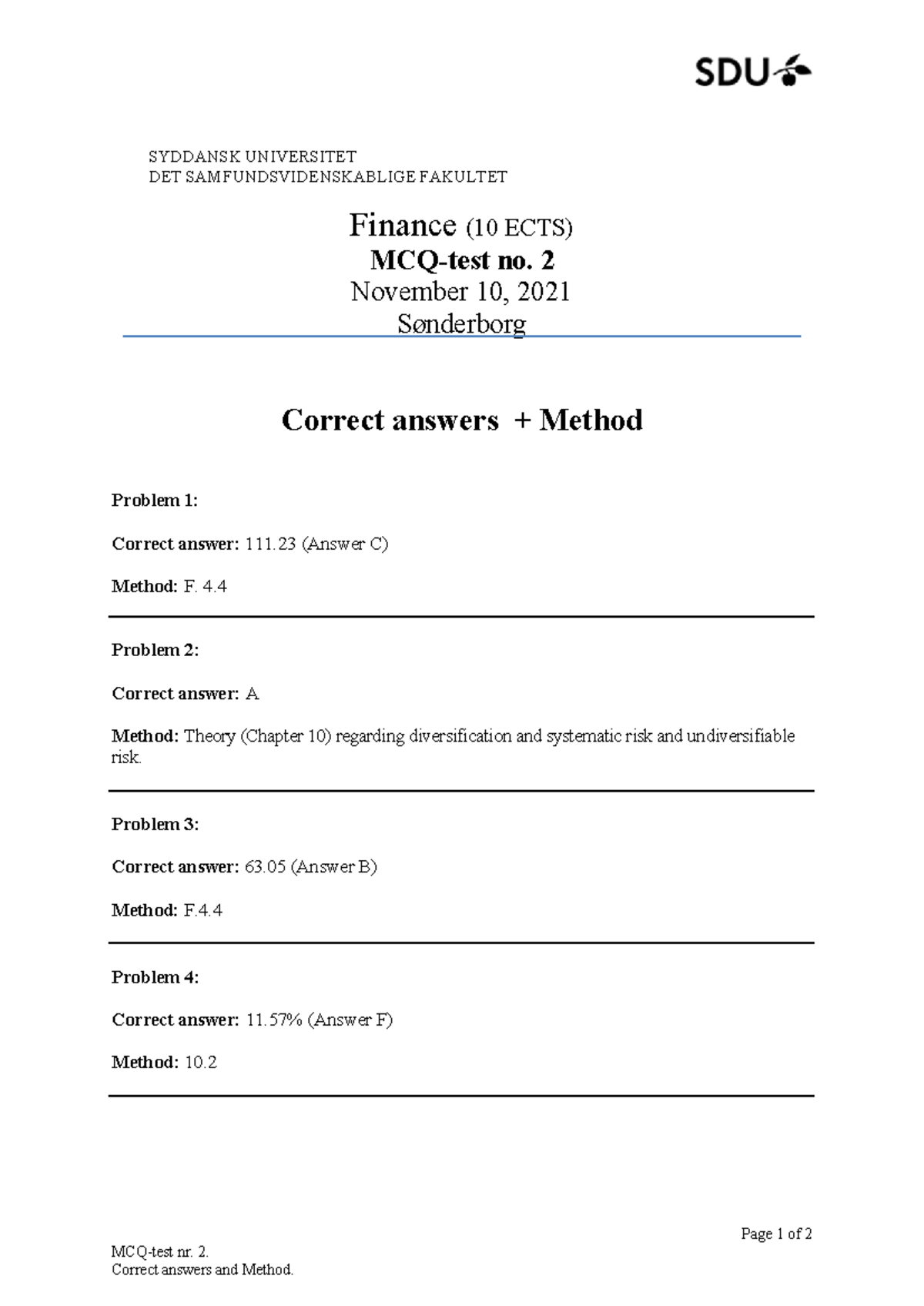 Finance - A2021-correct answers+Method-MCQ test no. 2 (10 November ...