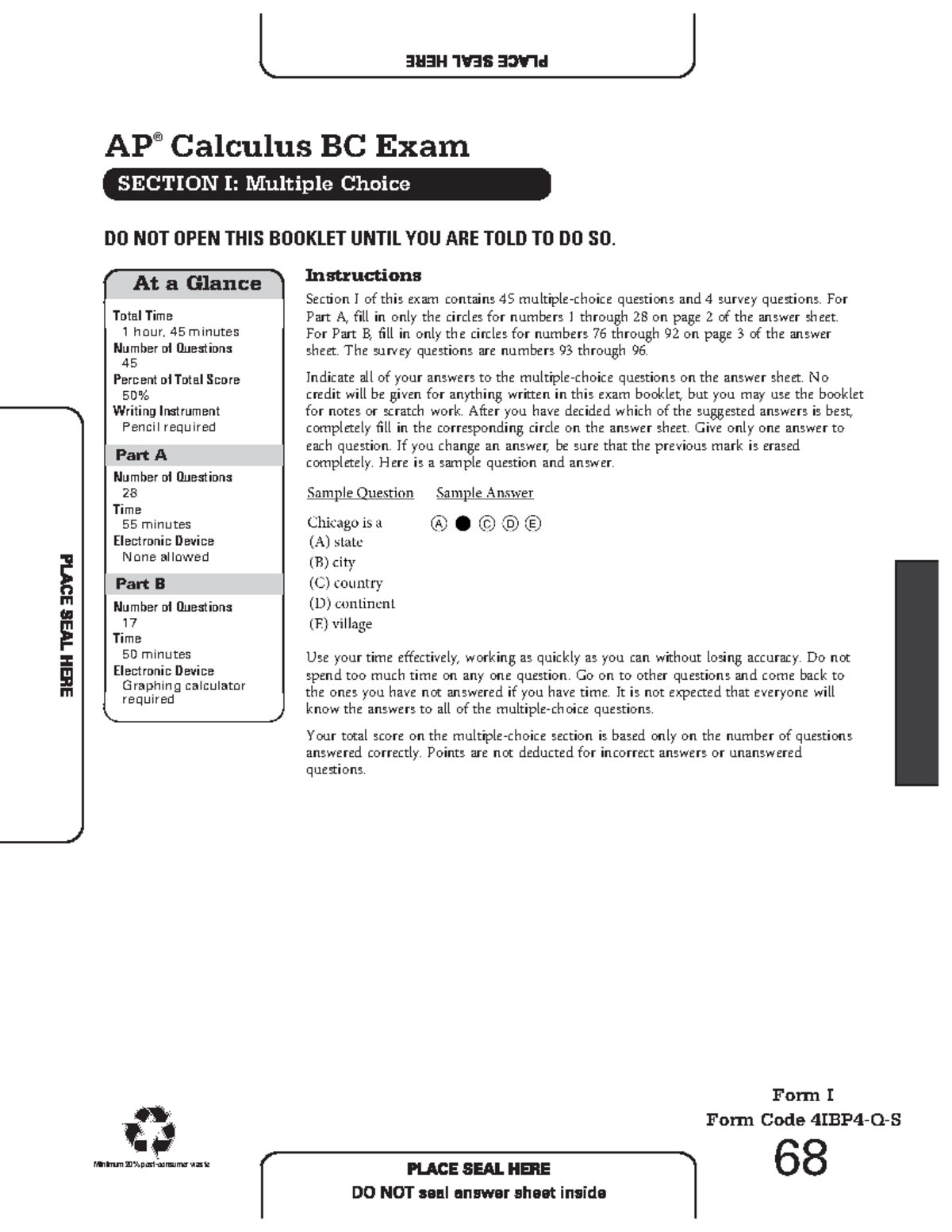 College Board AP Calc Full Exam - At a Glance Total Time 1 hour, 45 ...