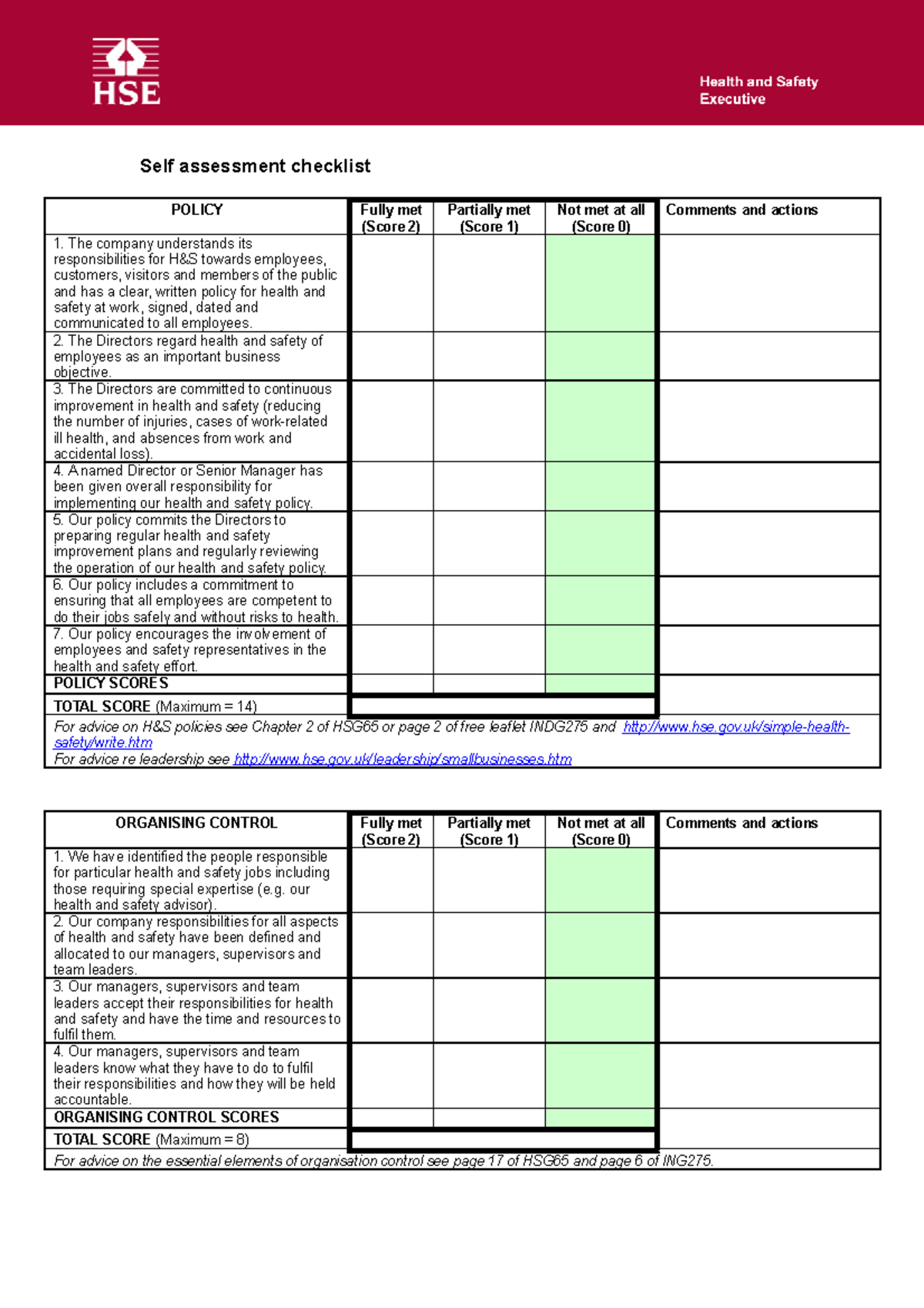 Health and safety management system checkilst - Self assessment ...