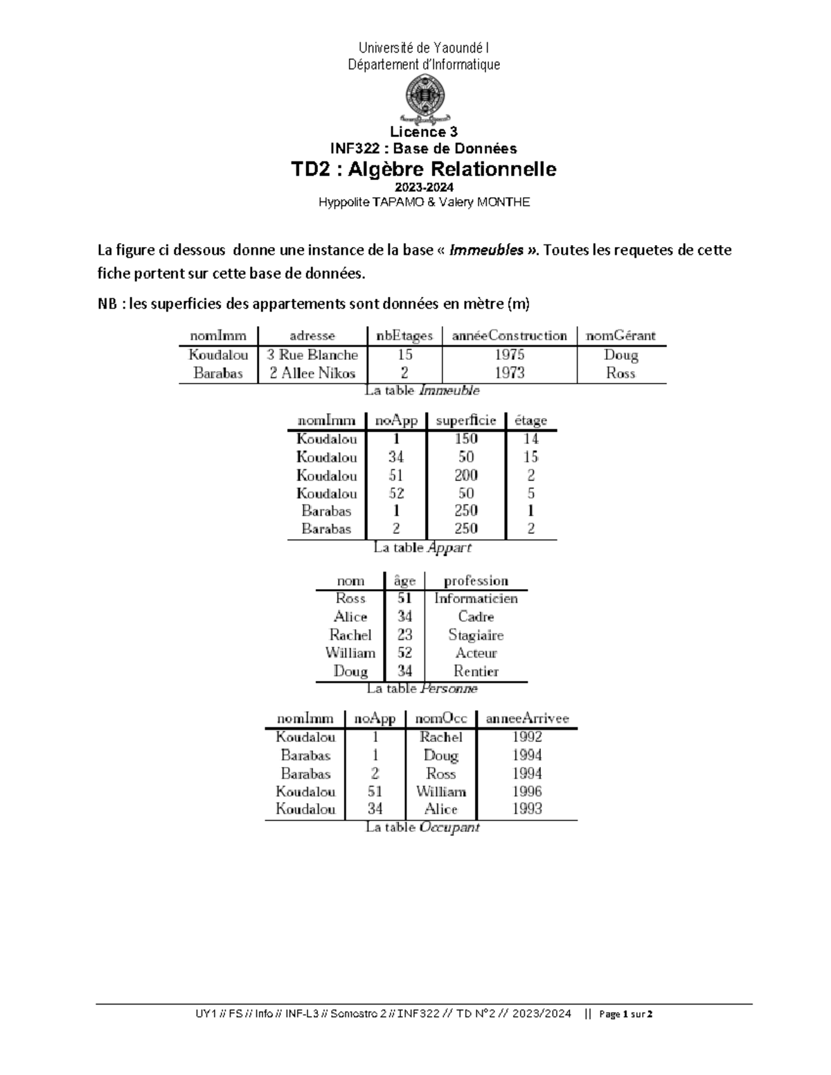 TD2 INF322 Algèbre Relationnelle 23-24 - UY1 // FS // Info // INF-L3 // Semestre 2 // INF 322 ...