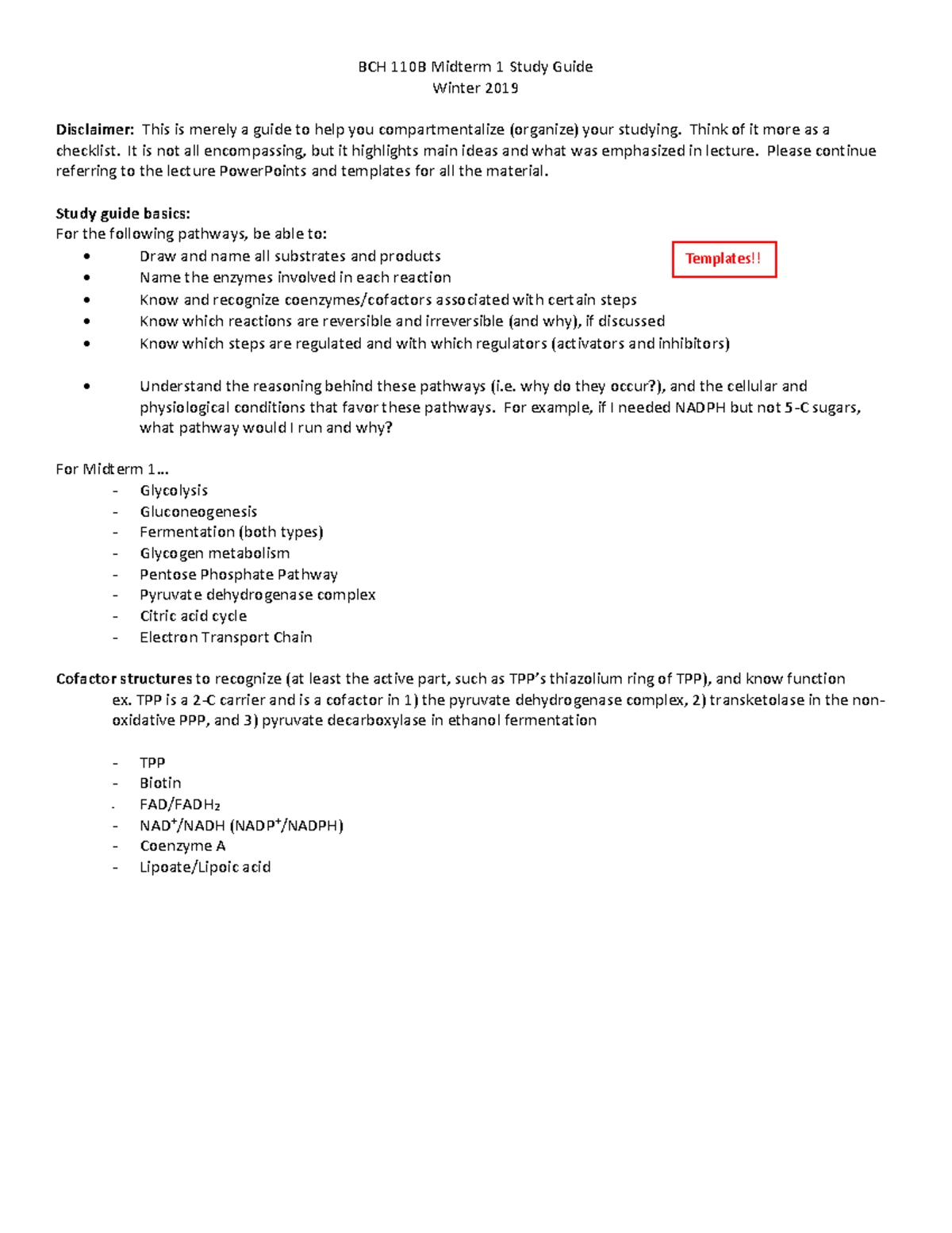BCH 110B Study Guide Week 1 19W - BCH 110B Midterm 1 Study Guide Winter ...