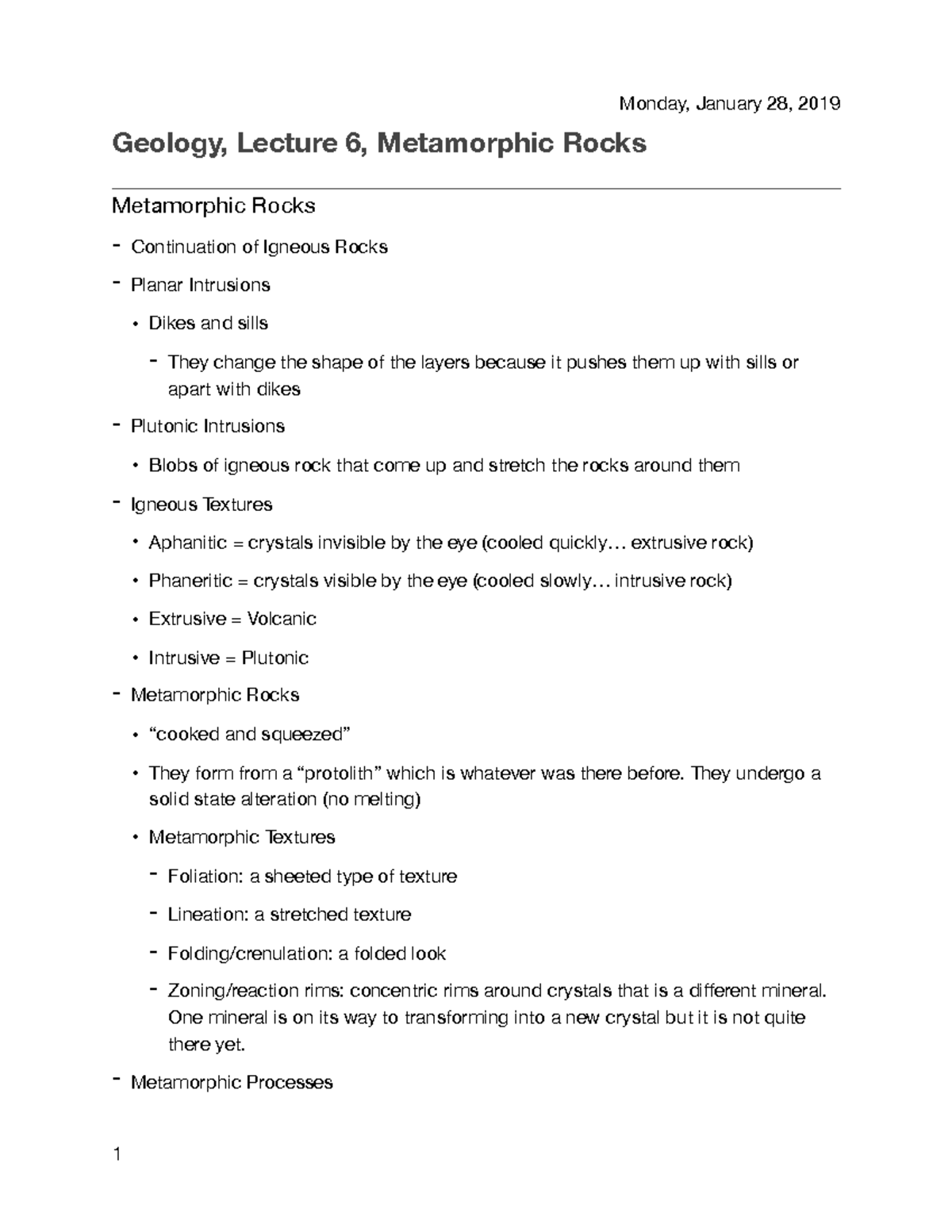 Earth 2, Lecture 6, Metamorphic Rocks - Monday, January 28, 2019 ...