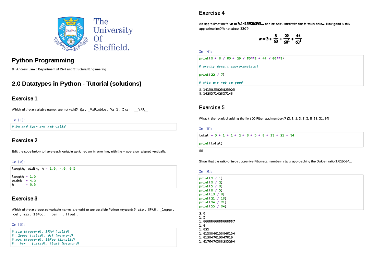 CIV1900 tutorial sheet python solutions - Python Programming Dr Andrew Liew : Department of ...