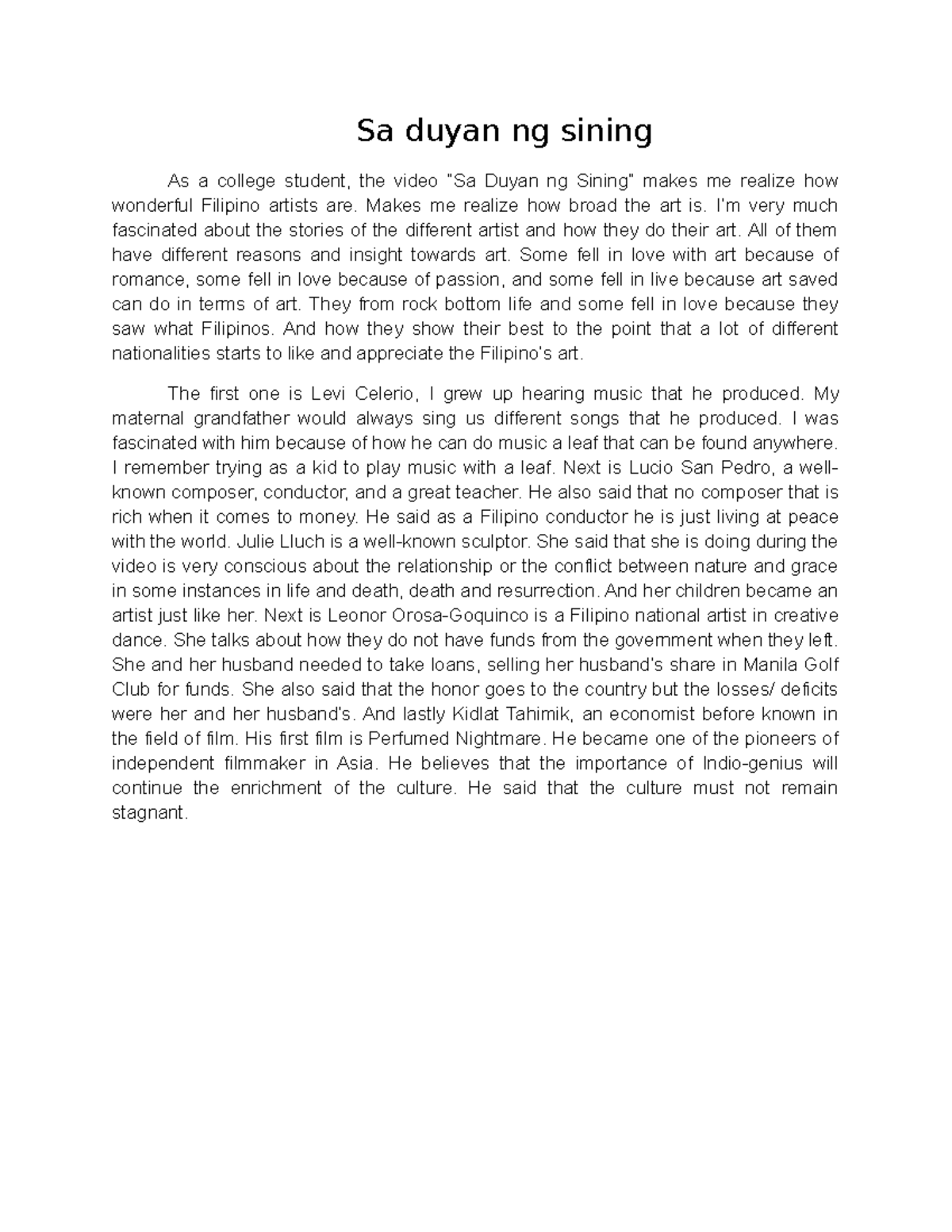 Sa Duyan ng Sining - URS - Sa duyan ng sining As a college student, the ...