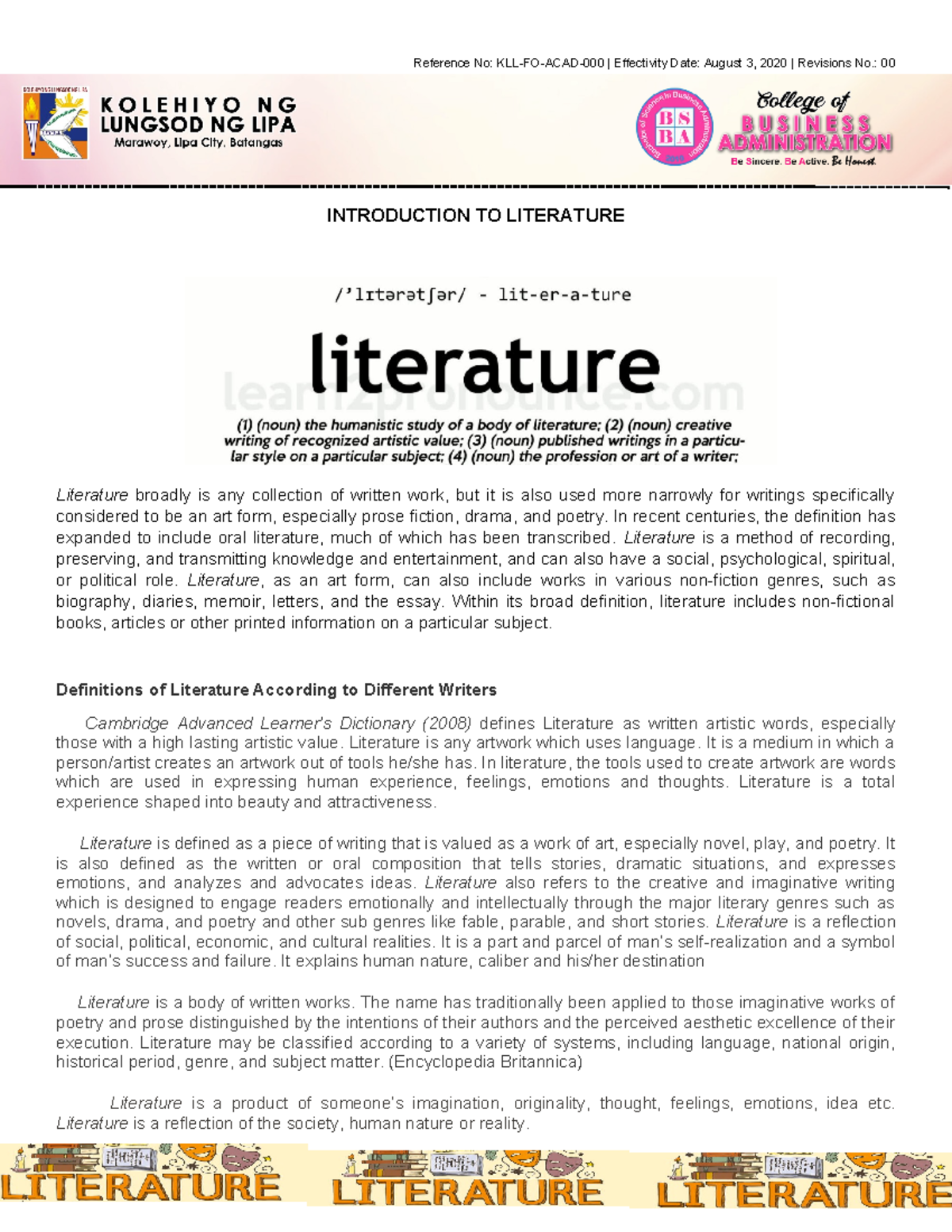 Lesson-ONE Introduction-TO- Literature - INTRODUCTION TO LITERATURE ...