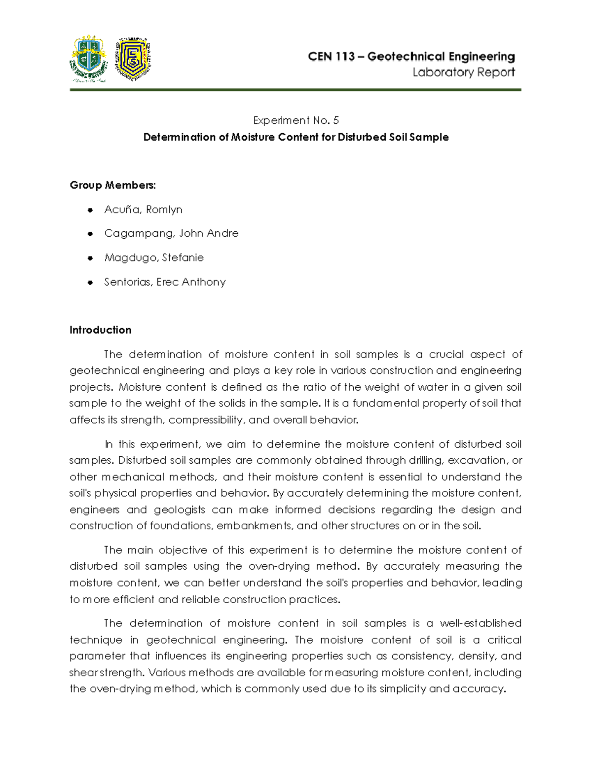 CEN-113 Exp5 - Experiment No. 5 Determination of Moisture Content for ...